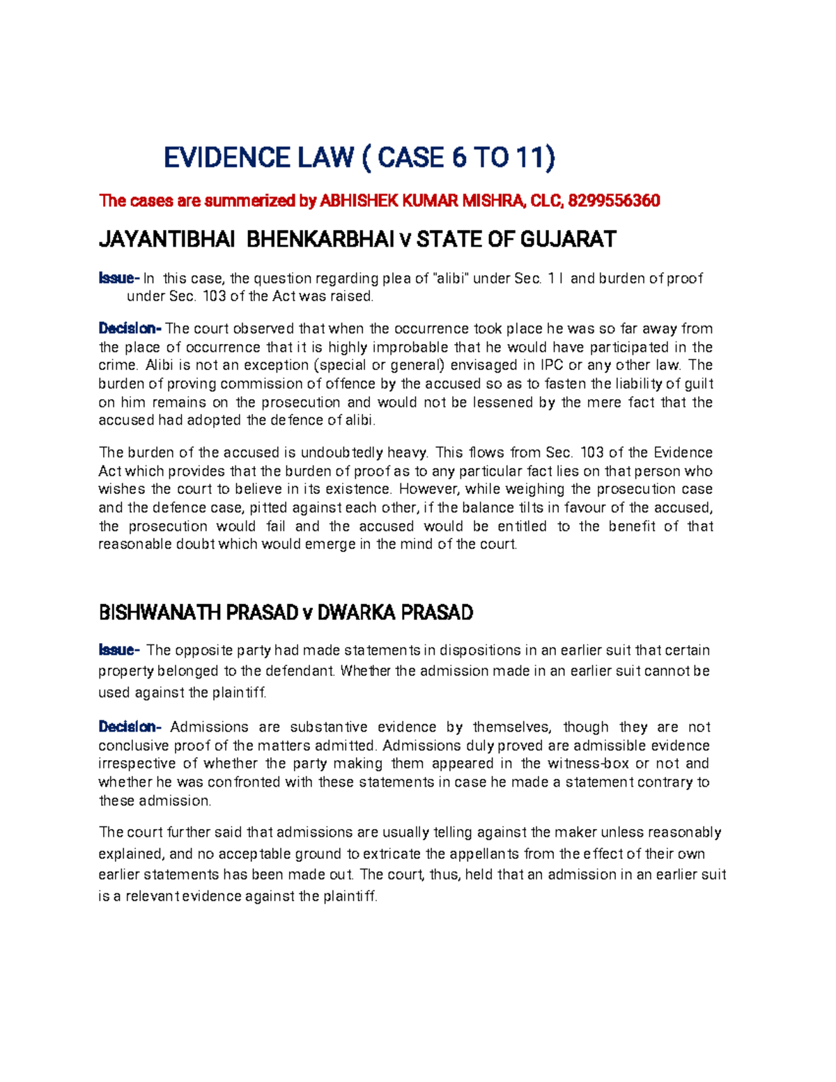 Evidence case 6-11 - EVIDENCE LAW ( CASE 6 TO 11 ) The cases are ...