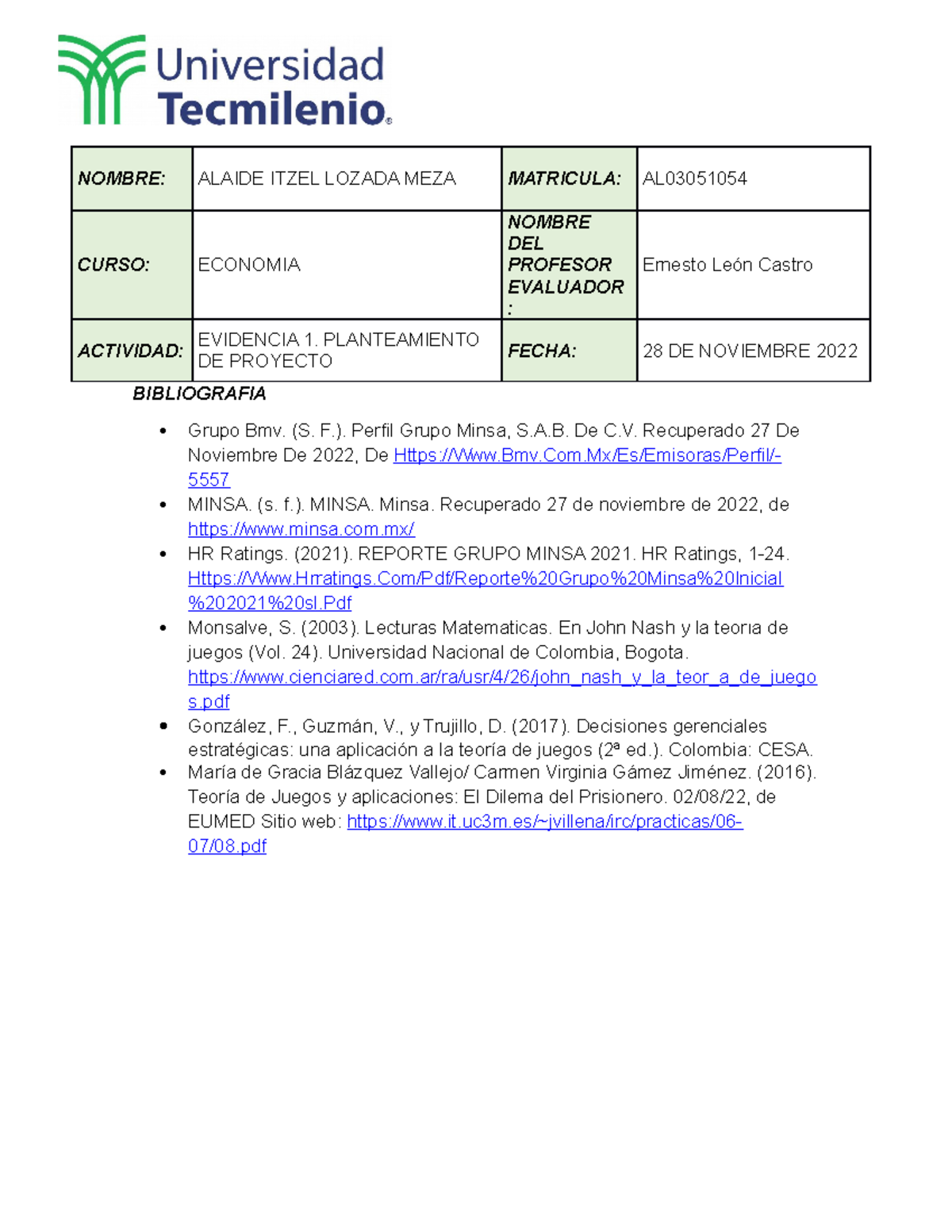 Evidencia 1. Planteamiento de proyecto - NOMBRE: ALAIDE ITZEL LOZADA ...