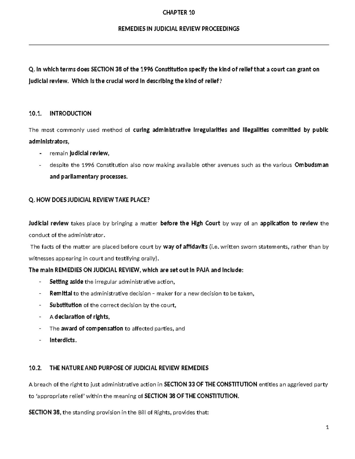 Chapter 10 - Test Notes - CHAPTER 10 REMEDIES IN JUDICIAL REVIEW ...