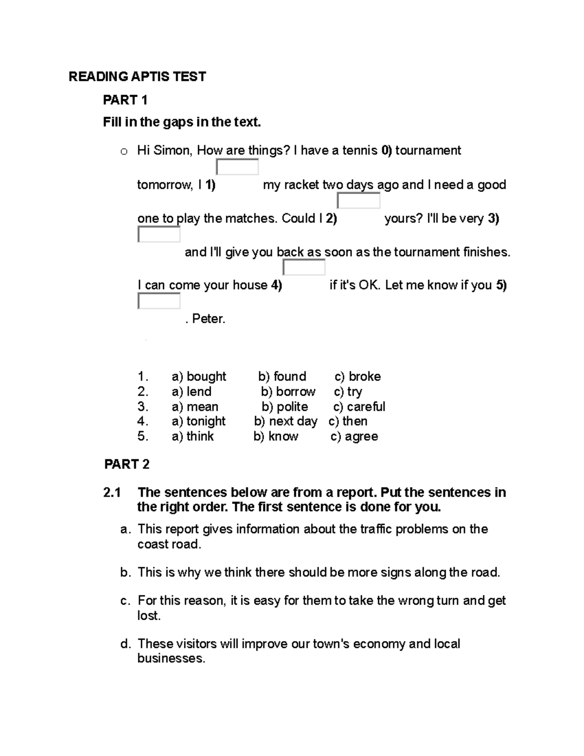 Reading Aptis TEST - READING APTIS TEST PART 1 Fill in the gaps in the ...