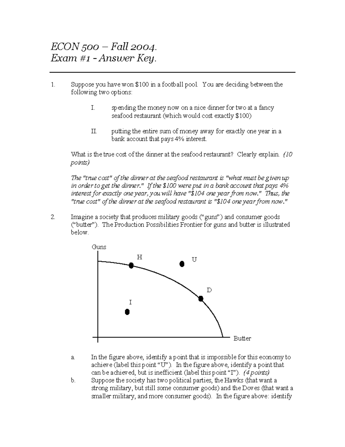Economics KEY Answer - ECON 500 – Fall 2004. Exam #1 - Answer Key ...
