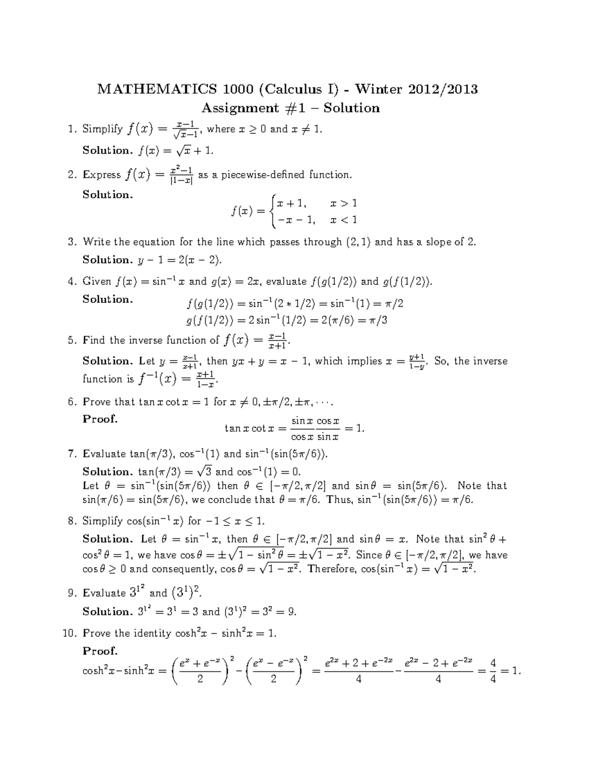 Seminar assignments - Assignment 1 solution - MATHEMATICS 1000 ...