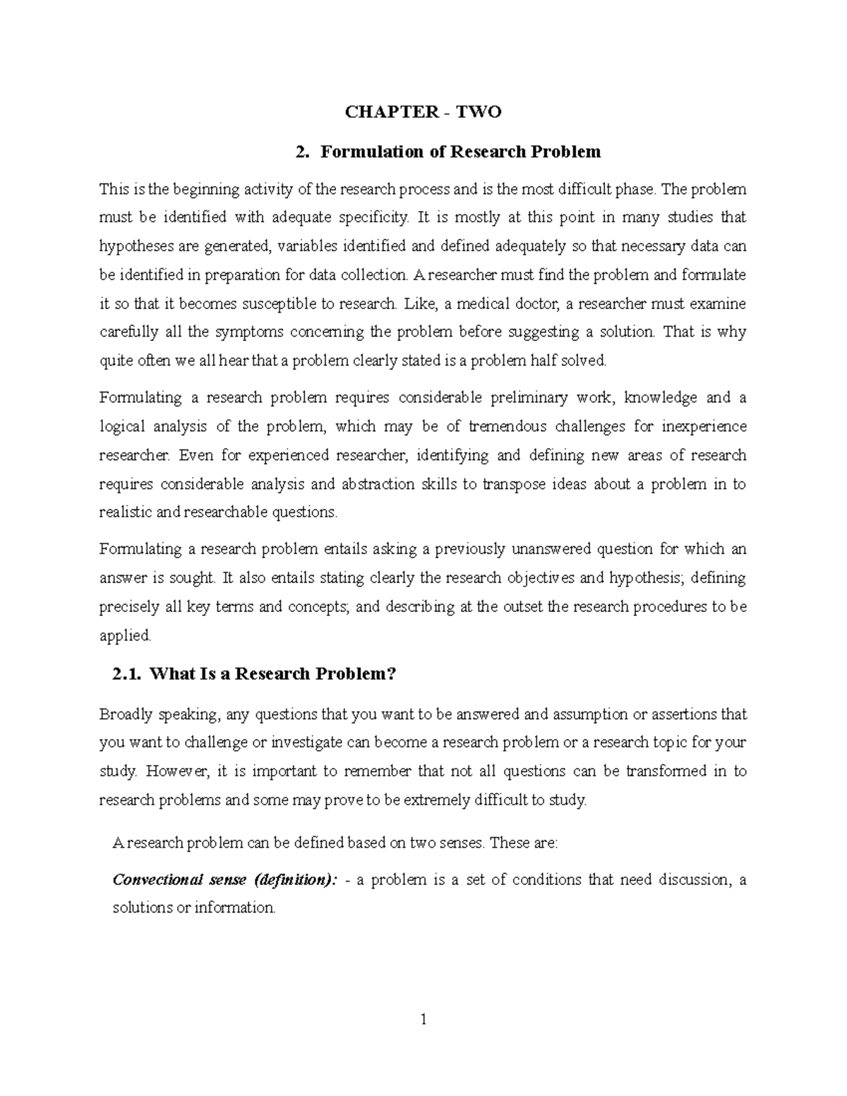Chapter - 2 - Ibrahim Jimalle - CHAPTER - TWO 2. Formulation of Research Problem This is the ...