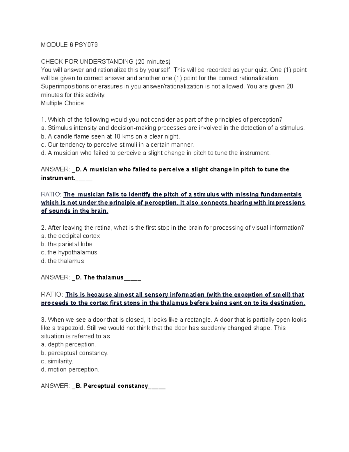 Module 6 PSY079 - MODULE 6 PSY CHECK FOR UNDERSTANDING (20 minutes) You ...