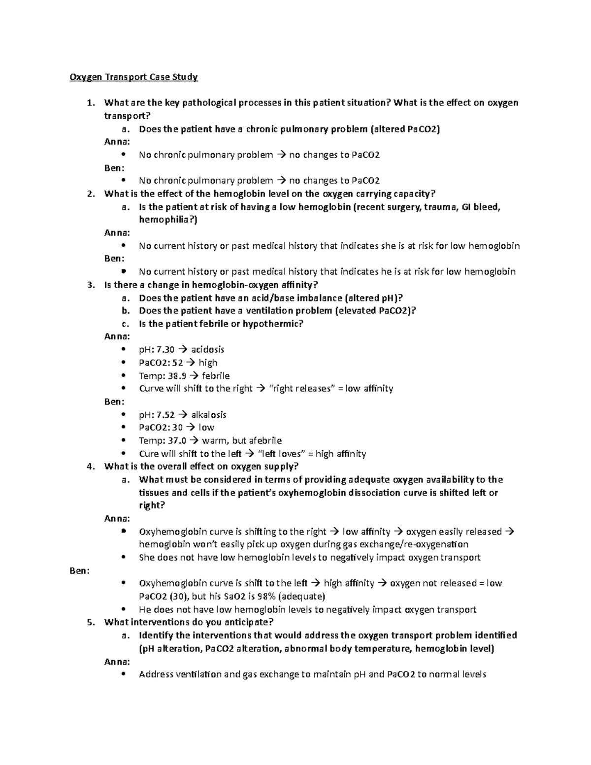 Oxygen Transport Case Study - Oxygen Transport Case Study What are the key pathological ...