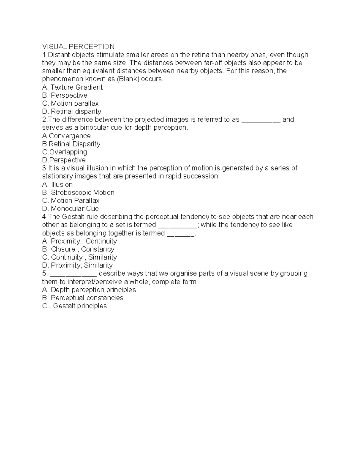 ITP-Questionare - questions and answers - VISUAL PERCEPTION 1 objects ...