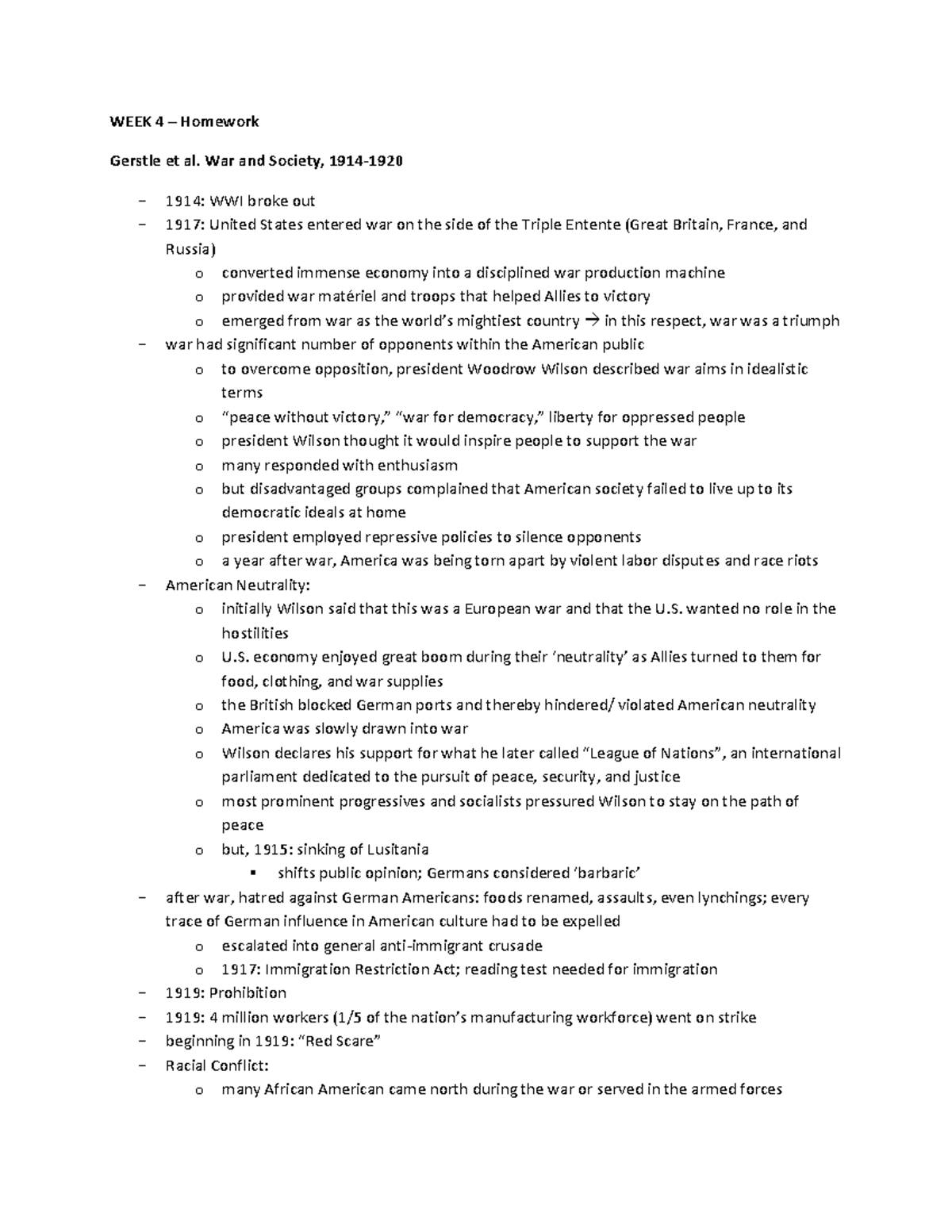 Lecture 20th Century US History Week 4 World War I - Lecture American ...