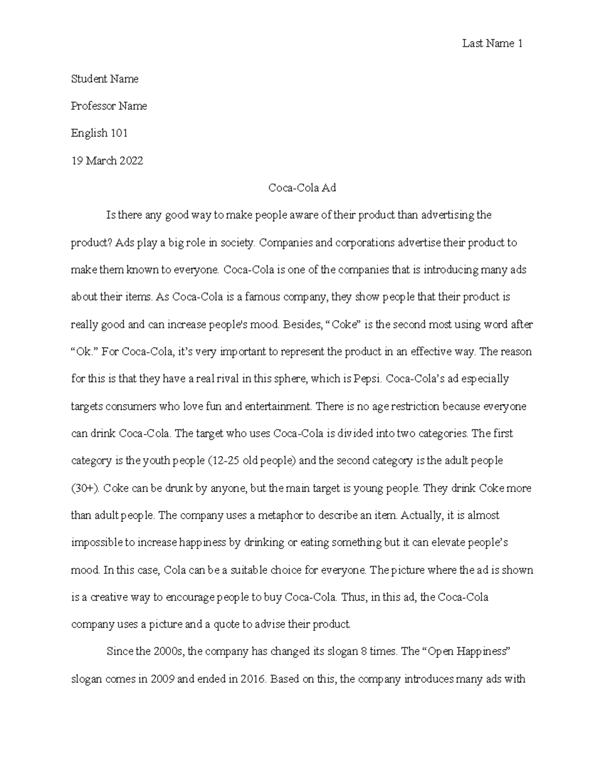 Essay #1: Rhetorical Analysis of an Advertisement - Last Name 1 Student ...