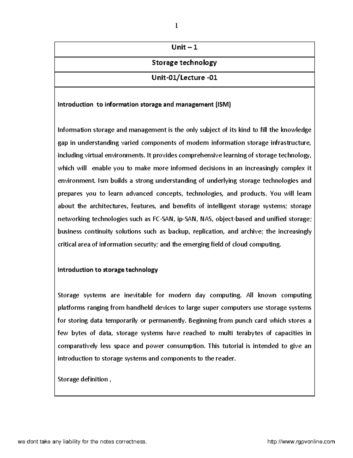 Notes ism unit 1,2,3,4,5, - Unit – 1 Storage technology Unit-01/Lecture ...