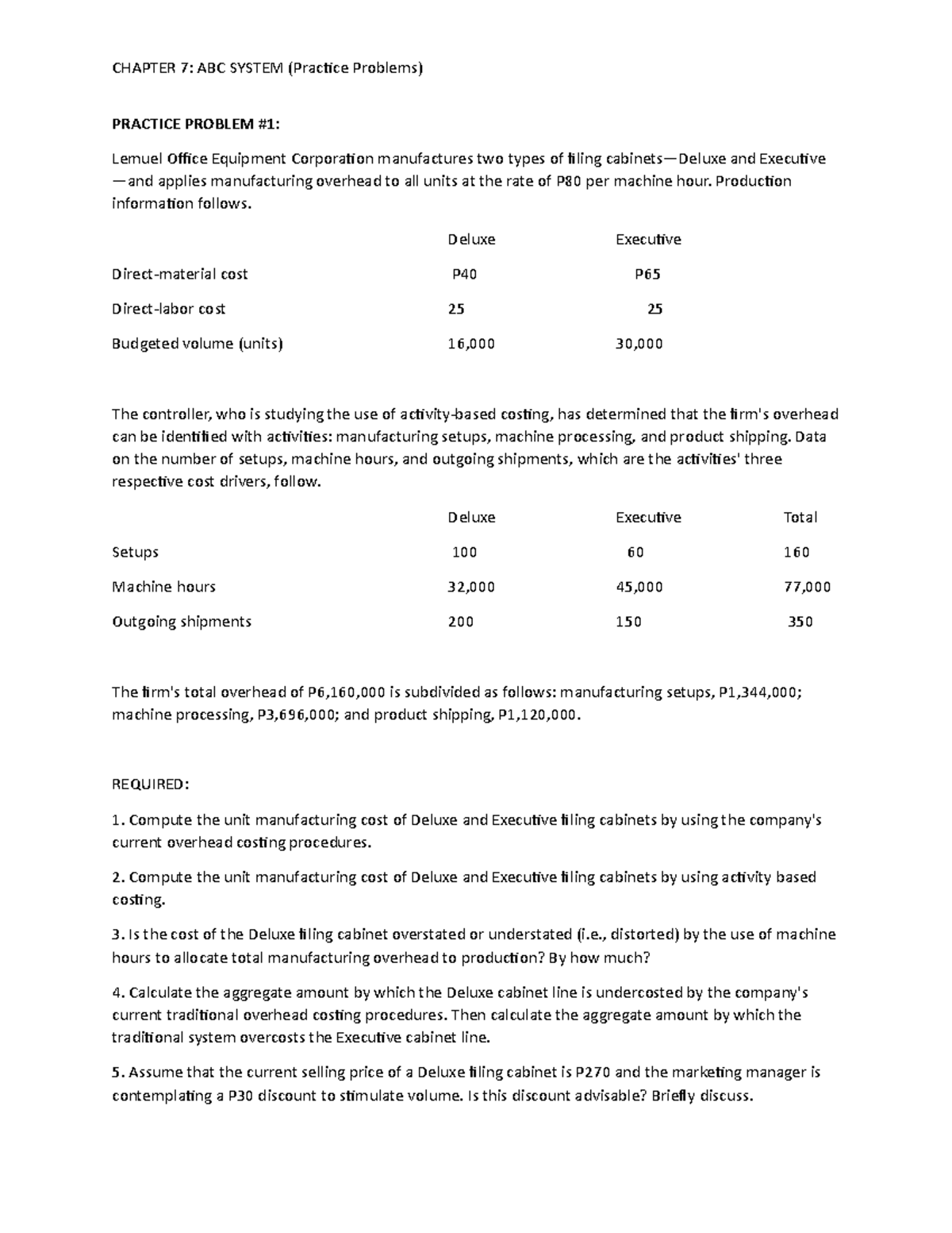 Chapter 5 - Activity Based Costing (Problem Illustrations) - PRACTICE PROBLEM #1: Lemuel Office ...