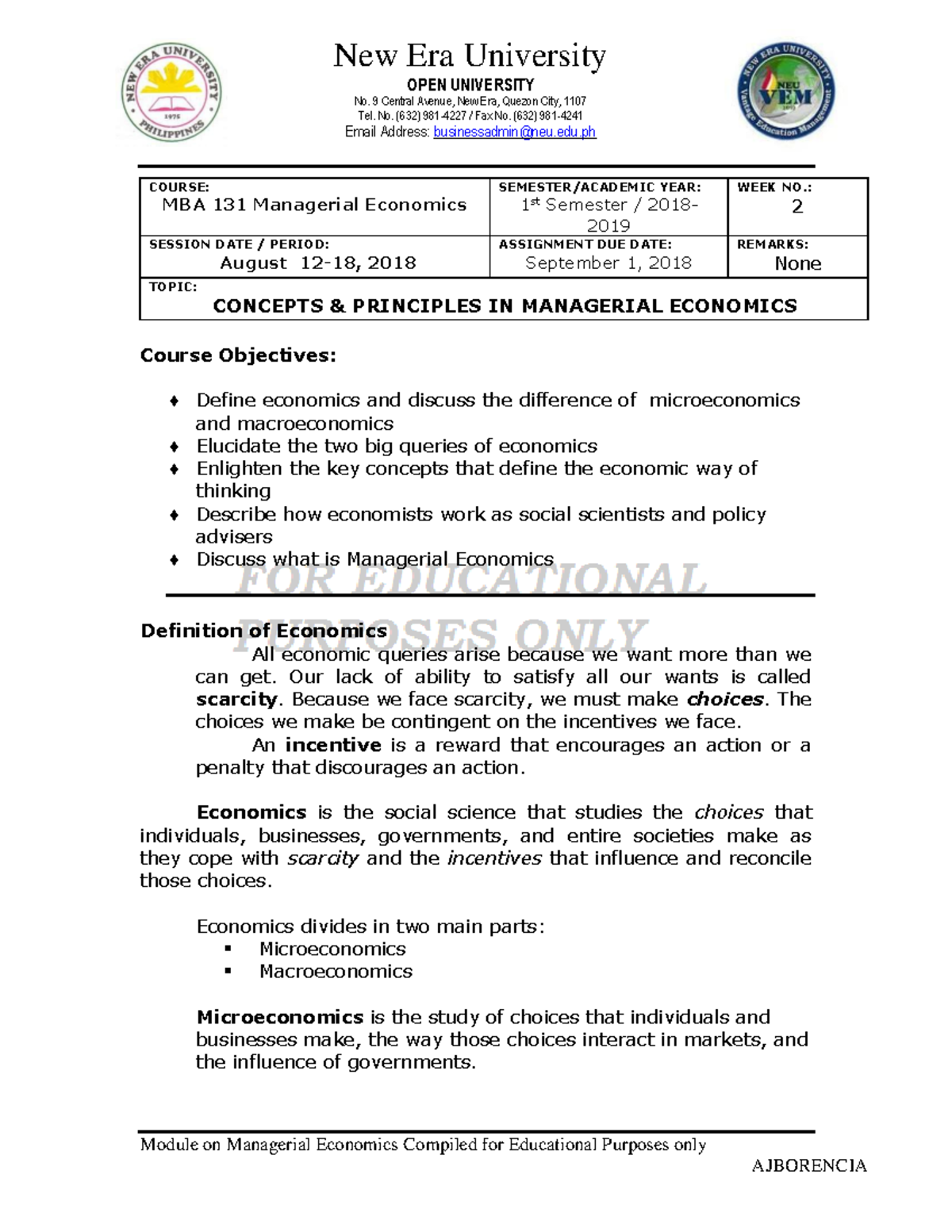 Managerial Economics Week 2 - Module on Managerial Economics Compiled ...