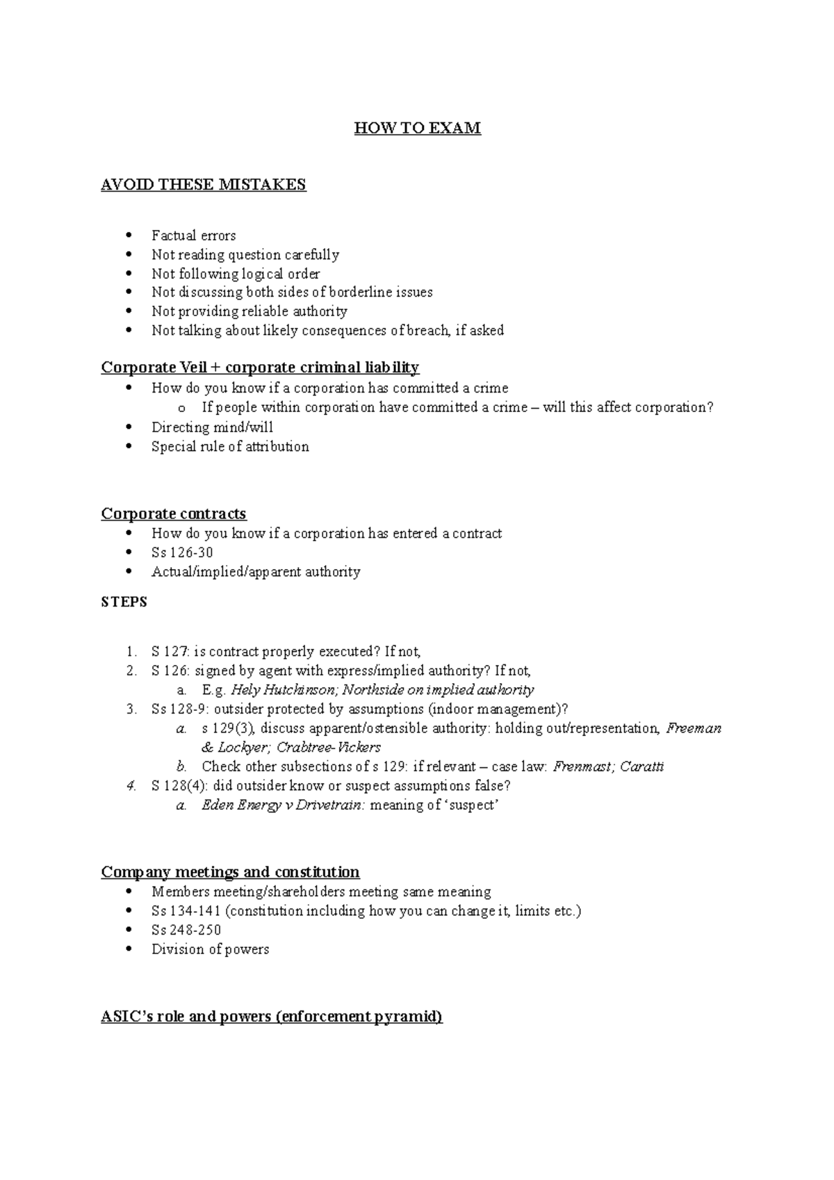 HOW TO EXAM - Notes to assist in final exam. Contains legislation and ...