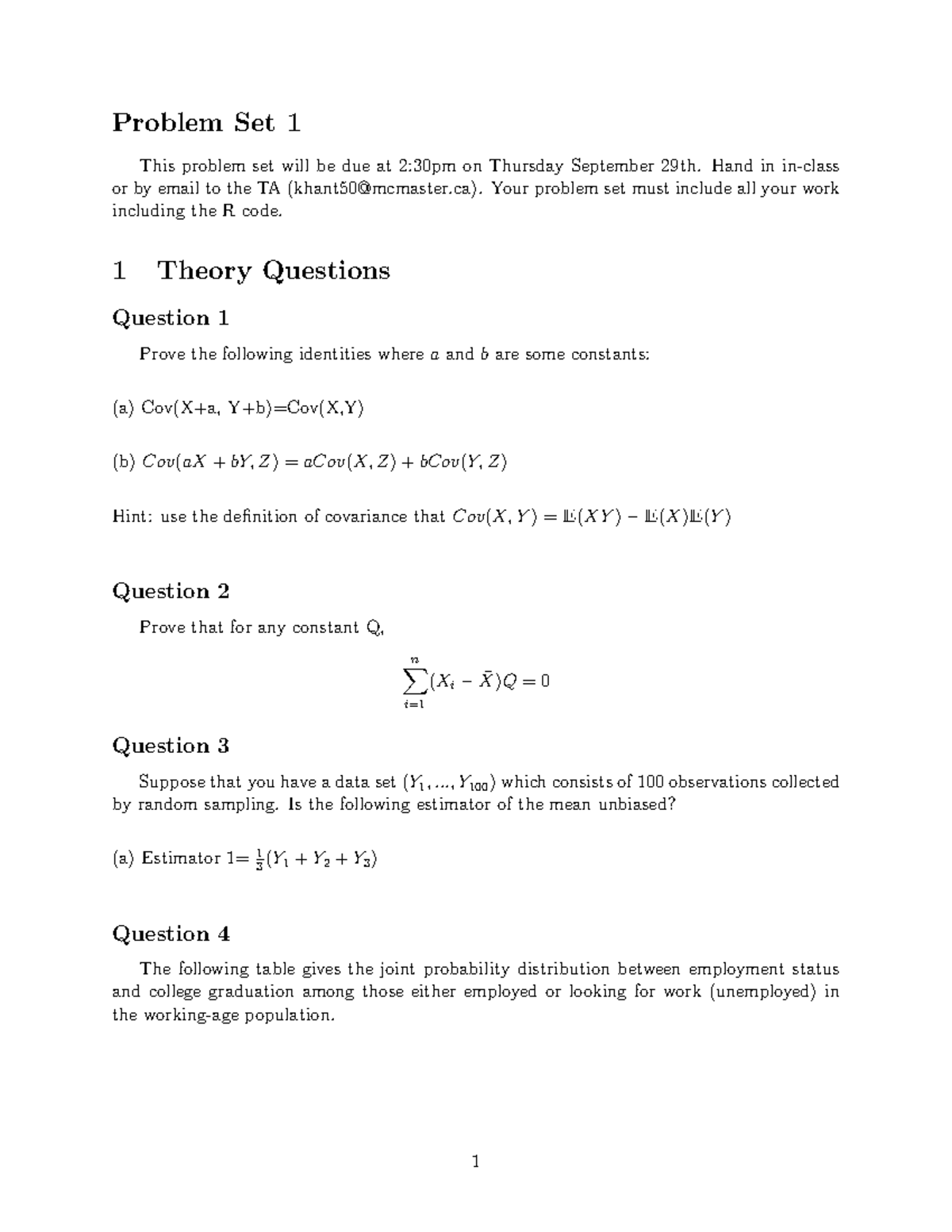 A1 2022 - First assigment econometrics - Problem Set 1 This problem set will be due at 2:30pm on ...