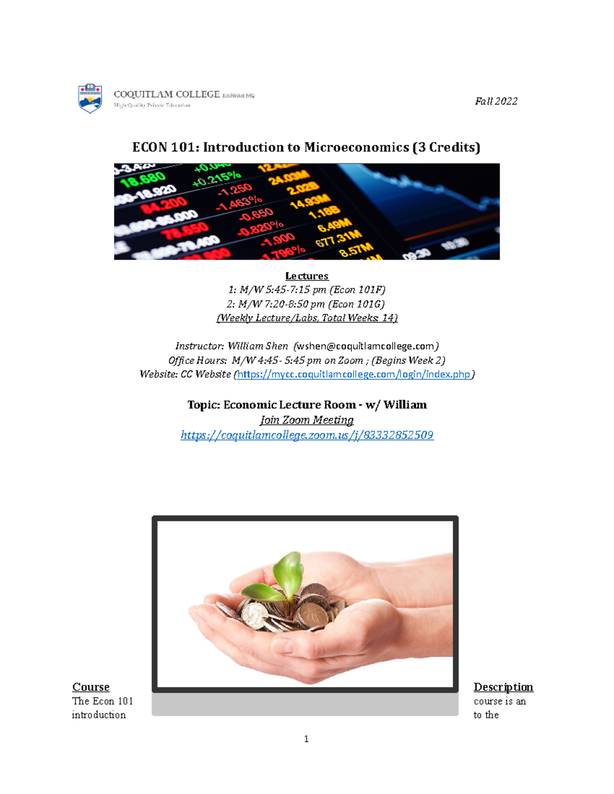 Econ101 Syllabus - course outline - Fall 2022 ECON 101: Introduction to ...