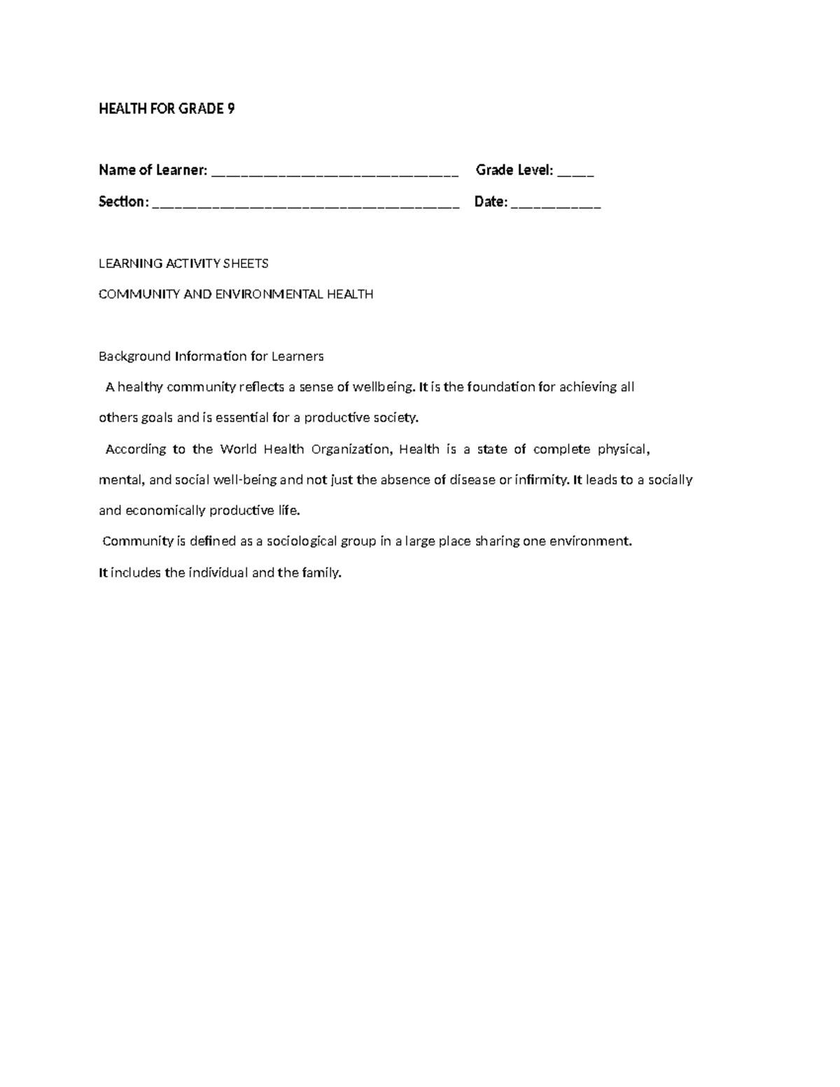 Health 9 - 1 - Lecture notess - HEALTH FOR GRADE 9 Name of Learner ...