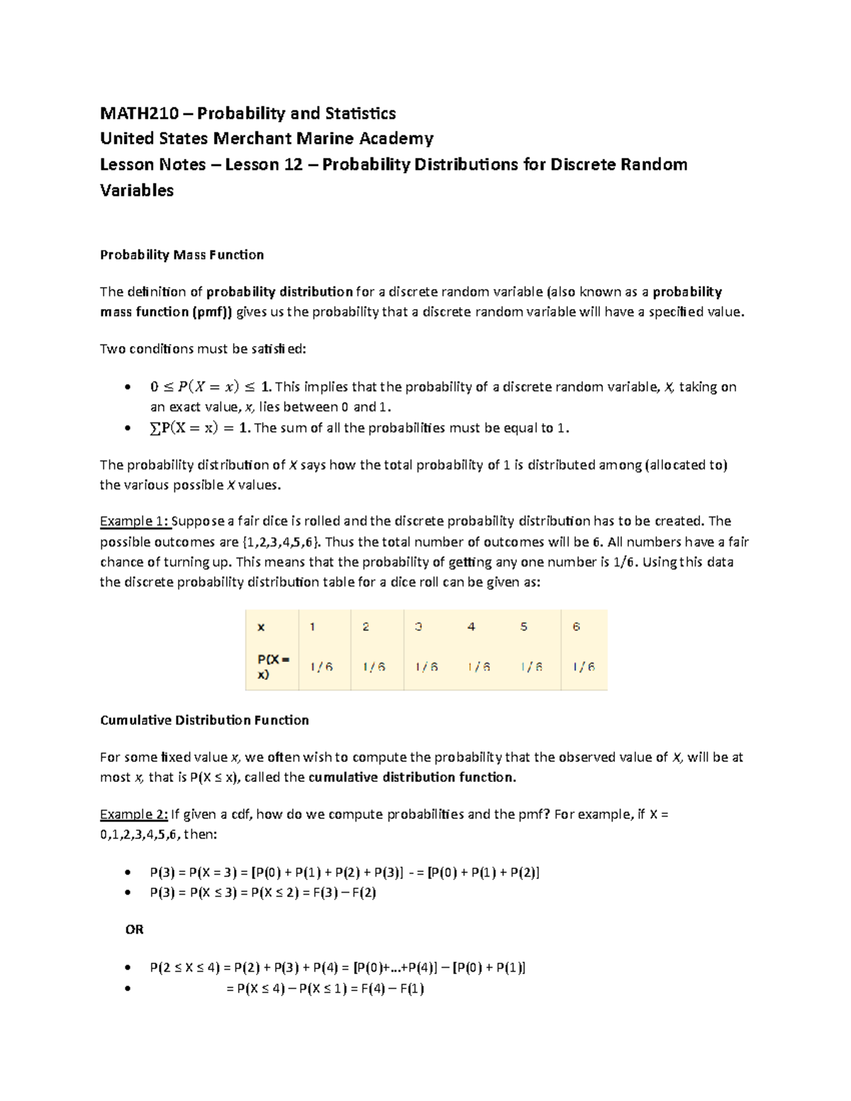 MATH210 Probability and Statistics Lesson 12 Probability Distributions ...