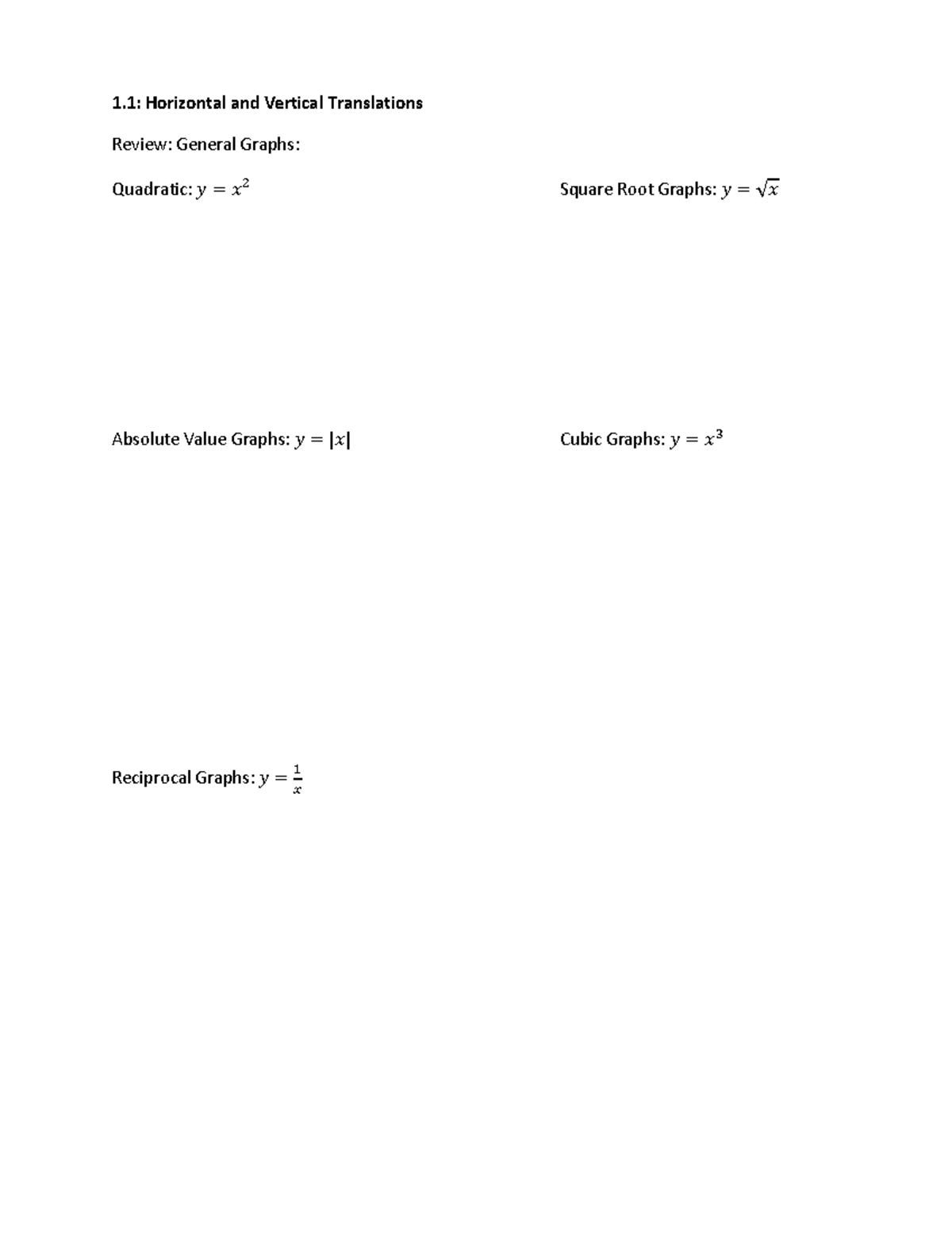 1 - Pre calc Horizontal and vertical translations notes - 1: Horizontal ...