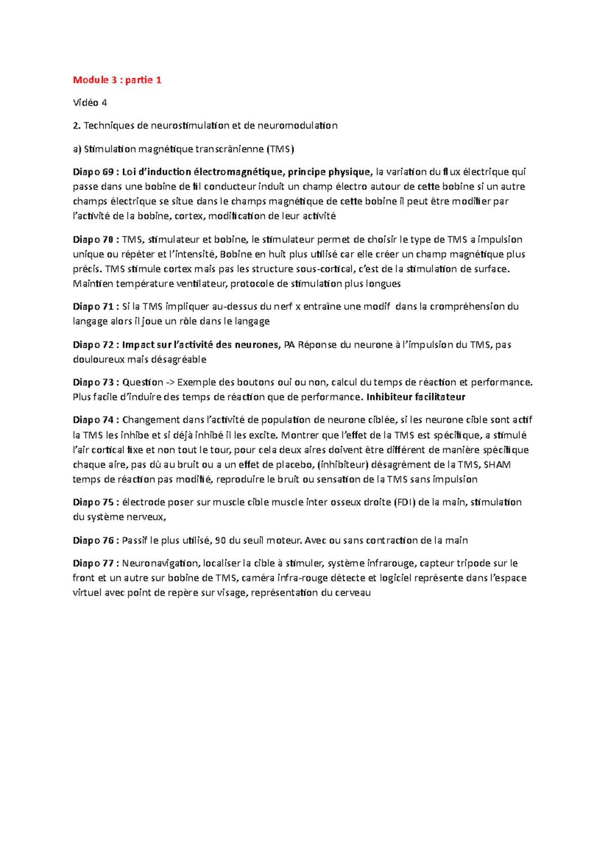 Module 3 partie 1 - Note de cours. - Module 3 : partie 1 Vidéo 4 Techniques de neurostimulation ...