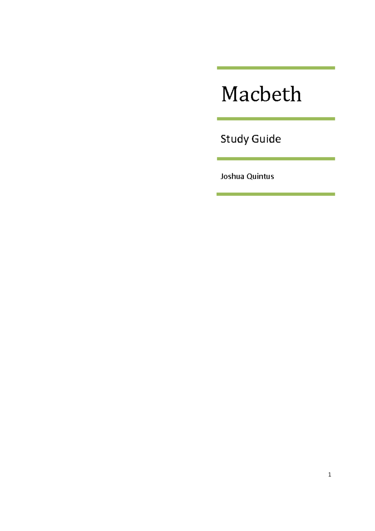 Macbeth Summary - Macbeth Study Guide Joshua Quintus Table of Contents ...