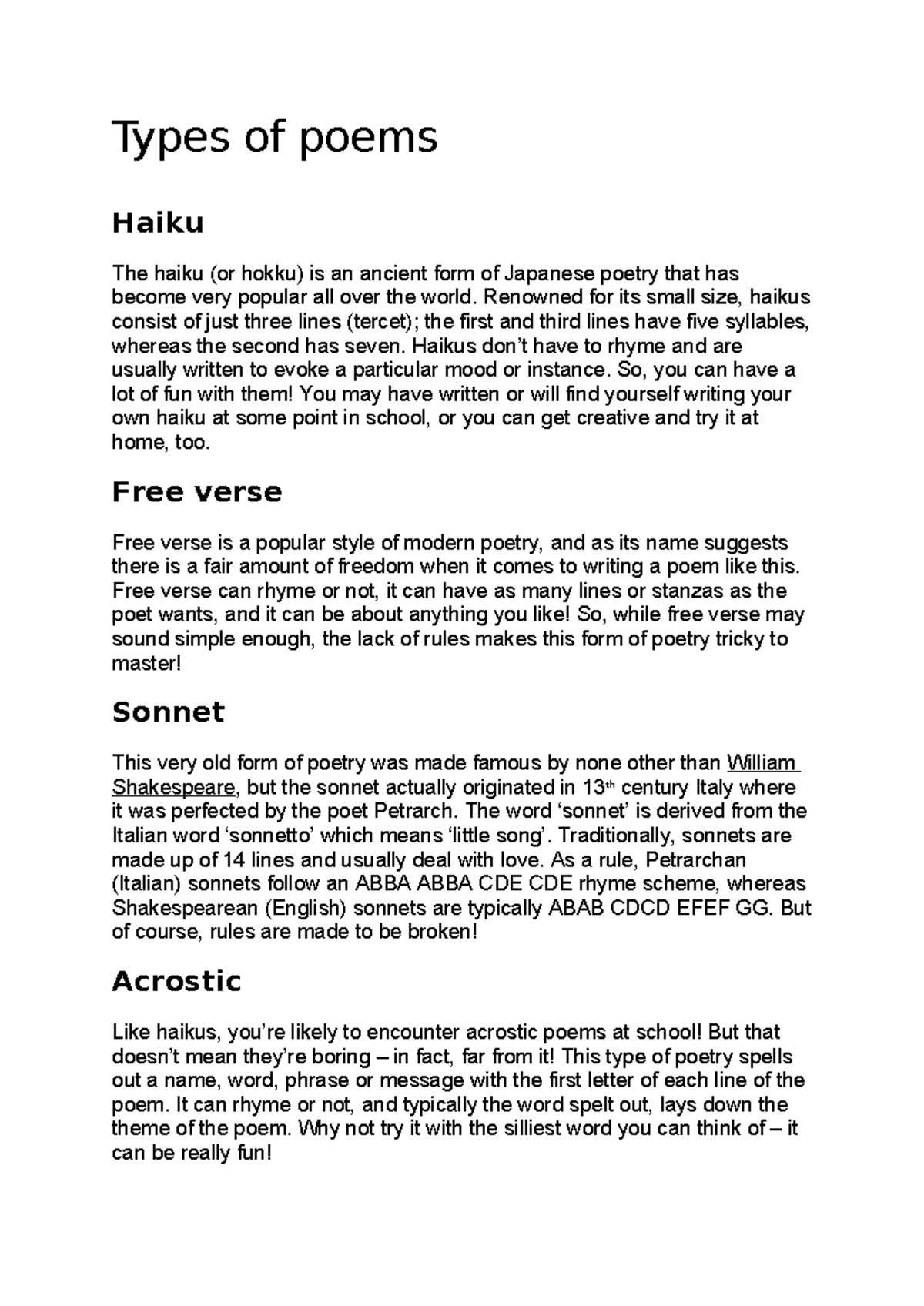 Types of poems - Types of poems Haiku The haiku (or hokku) is an ...