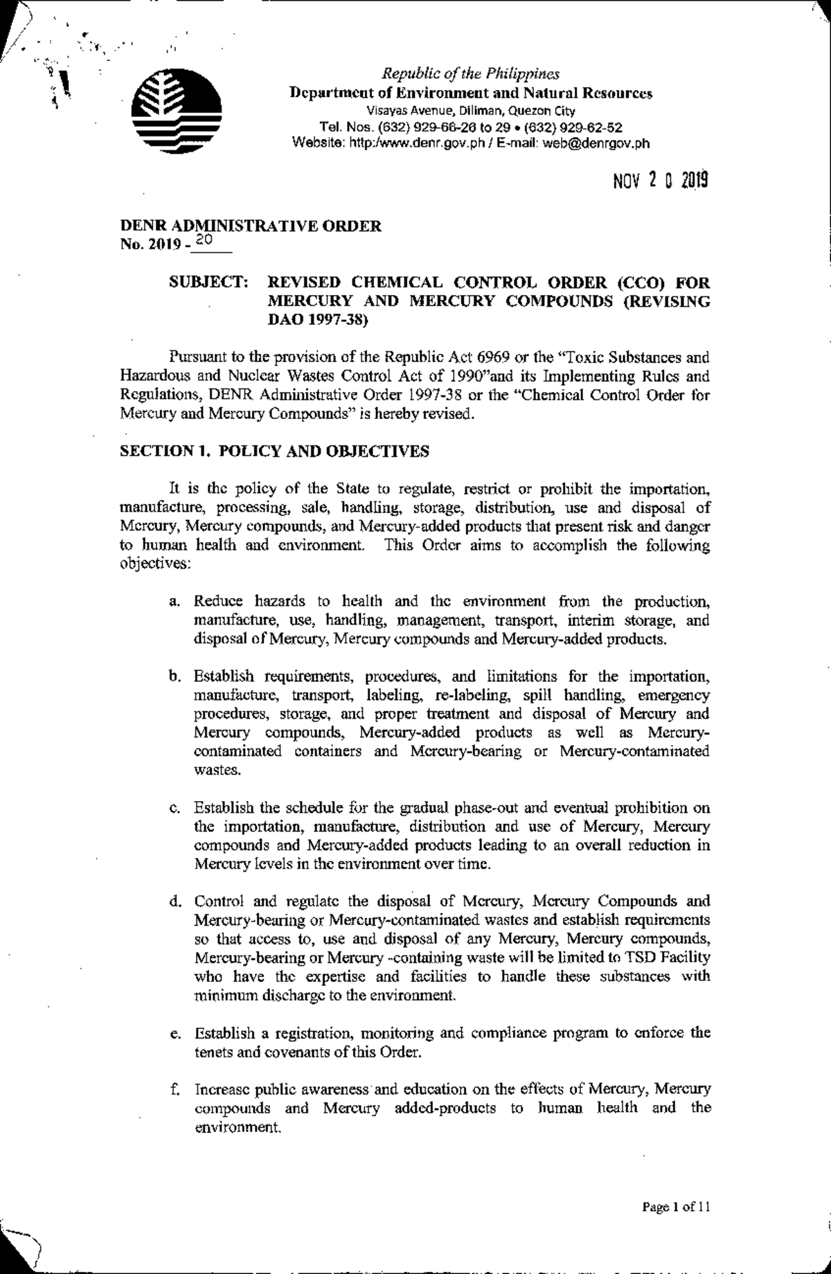 Revised Chemical Control Order (CCO) FOR Mercury AND Mercury Compounds ...