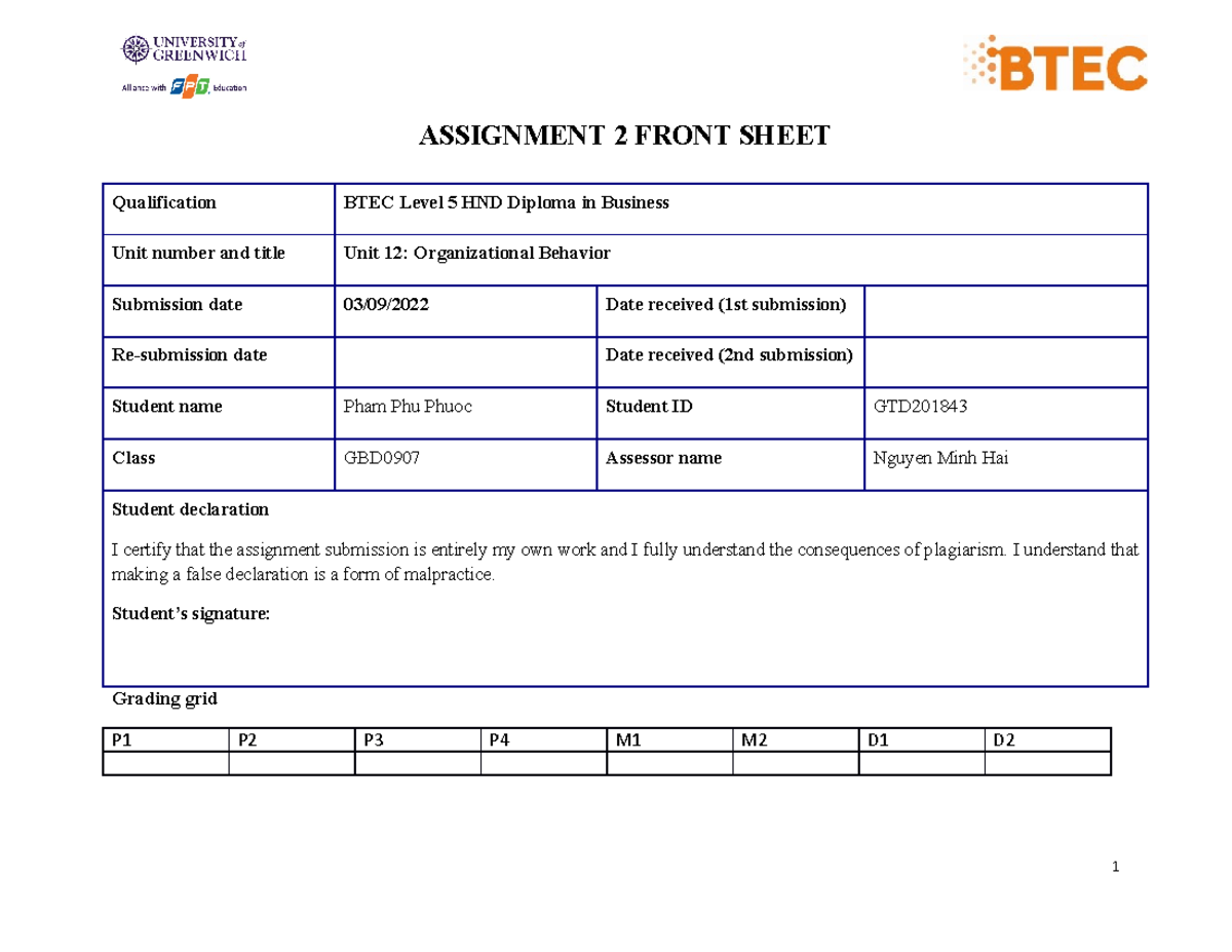 525 asm2 - dsadfsafsdafas - ASSIGNMENT 2 FRONT SHEET Qualification BTEC ...