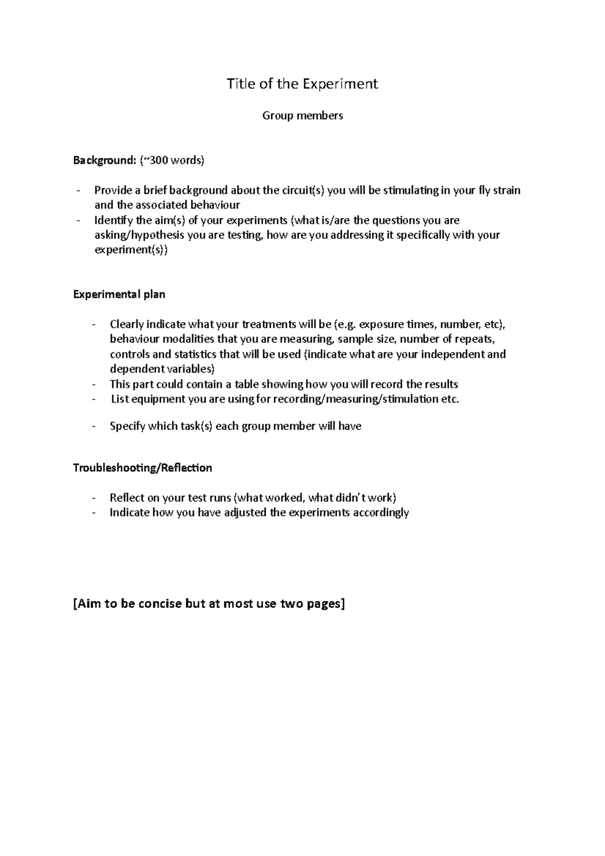 Template Experimental Plan - Title of the Experiment Group members ...