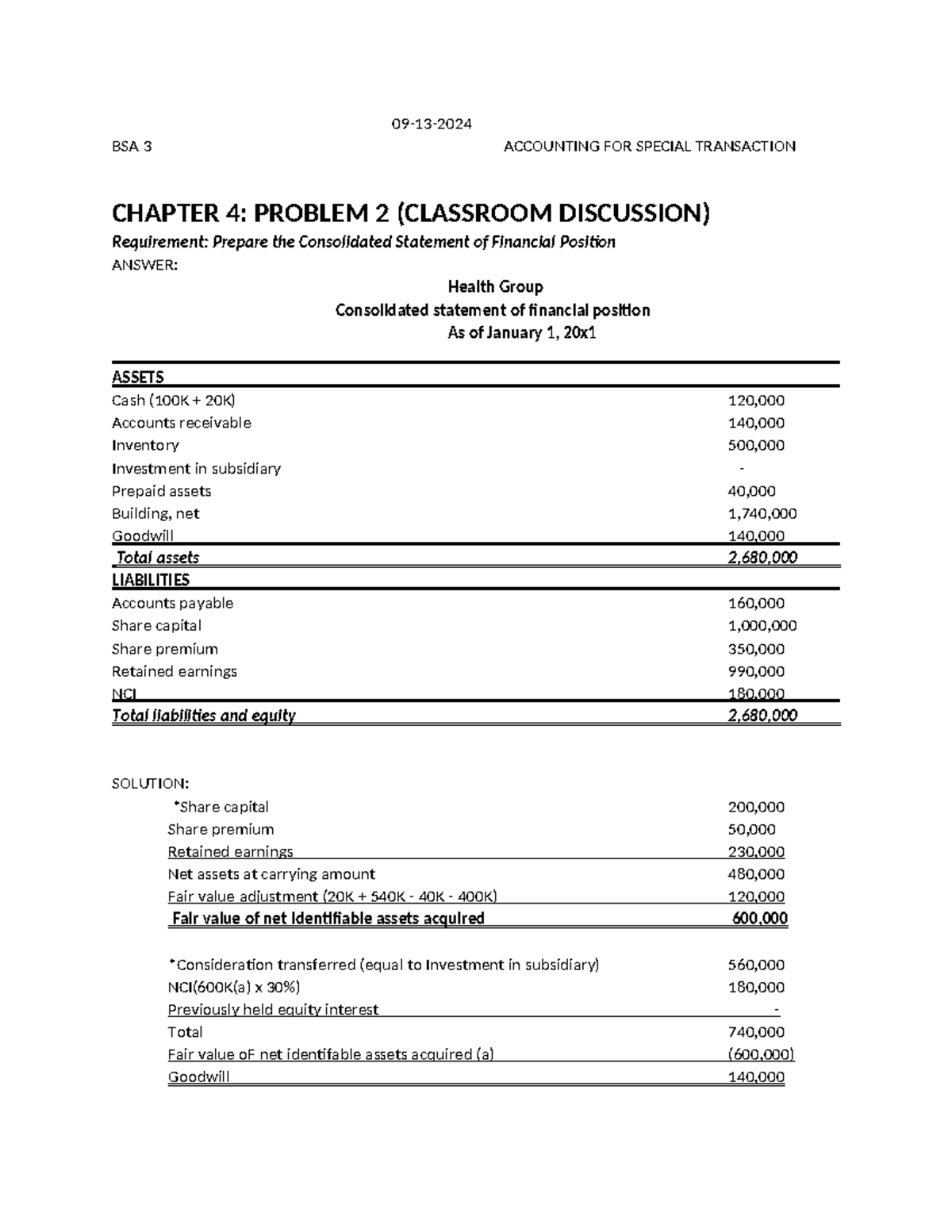 NOT-FINS - Answers - BSA 3 09-13-2024 ACCOUNTING FOR SPECIAL TRANSACTION CHAPTER 4: PROBLEM 2 ...
