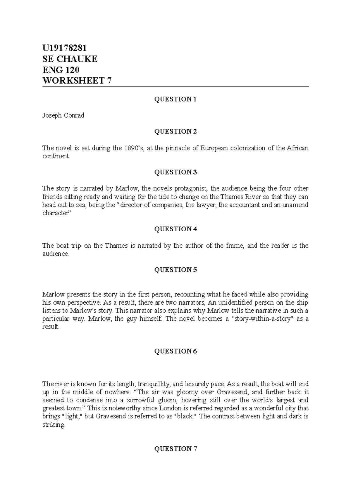 Worksheet 7 - U SE CHAUKE ENG 120 WORKSHEET 7 QUESTION 1 Joseph Conrad ...