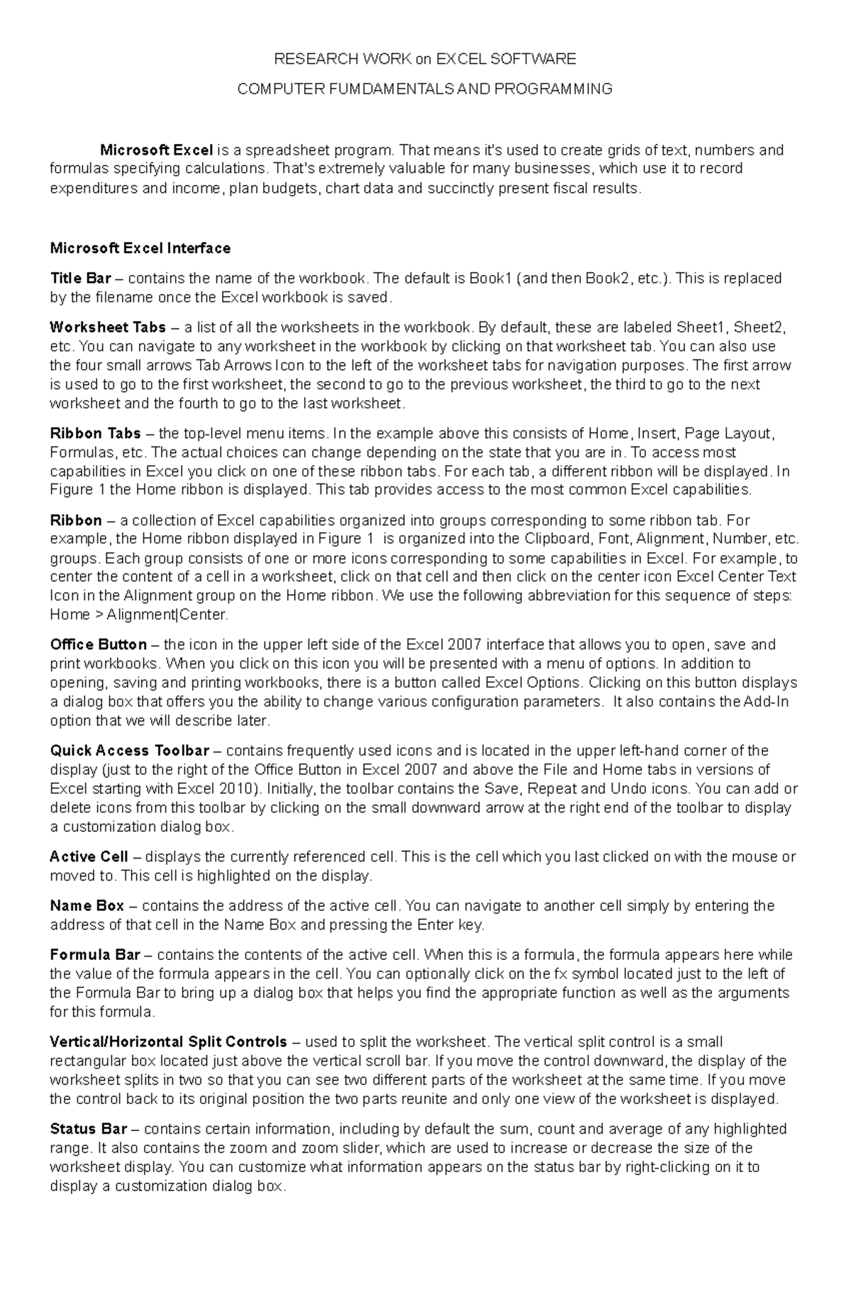 Computer Reseach WORK ON Excel Software - Computer Fundamentals and Programming - PangSU - Studocu