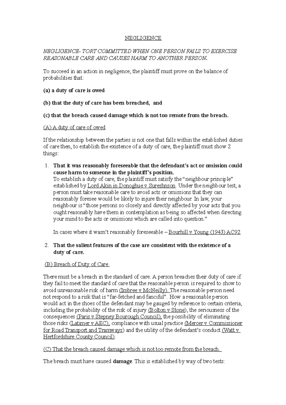 Negligence - NEGLIGENCE NEGLIGENCE- TORT COMMITTED WHEN ONE PERSON ...