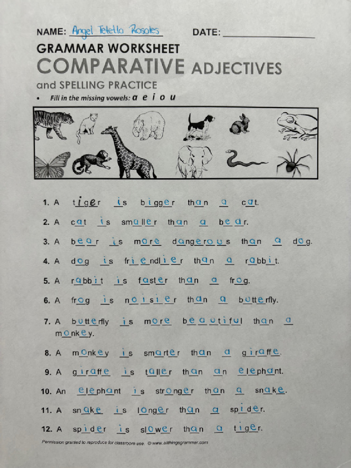 UNIT 9 - NAME: Angel Teletia Rosales DATE: GRAMMAR WORKSHEET COMPARATIVE ADJECTIVES and SPELLING ...