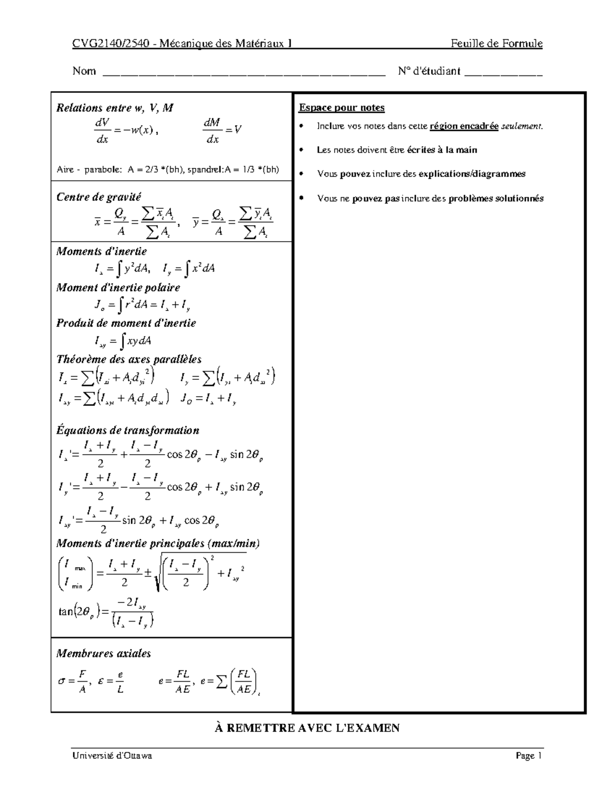 Feuille de formules MT - CVG2140/2540 - Mécanique des Matériaux I ...