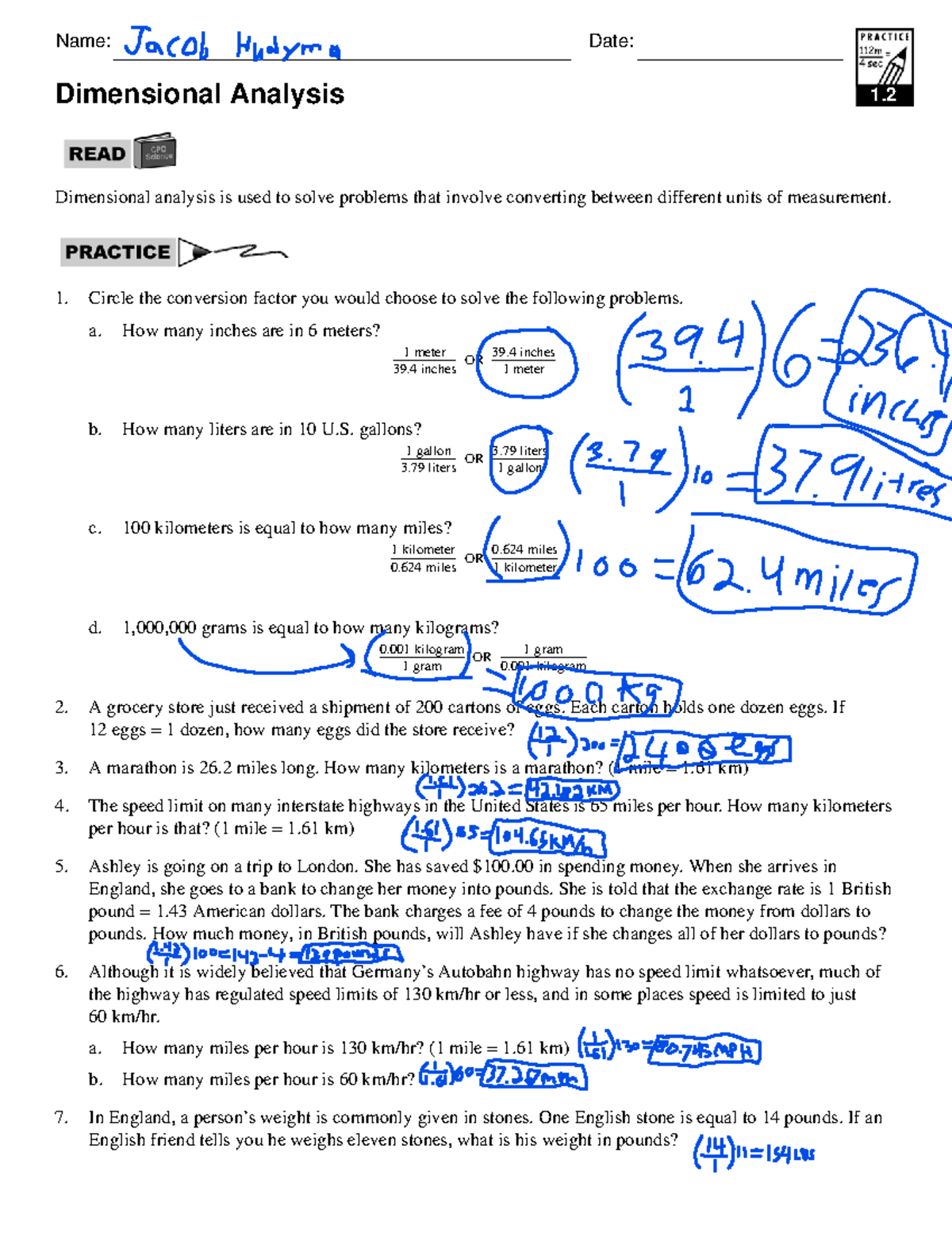 1A.1 Dimensional Analysis Worksheet - Name: Date: Dimensional Analysis ...