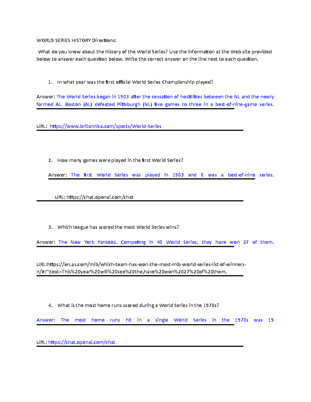 2 Internet World Series - WORLD SERIES HISTORY Directions: What do you ...