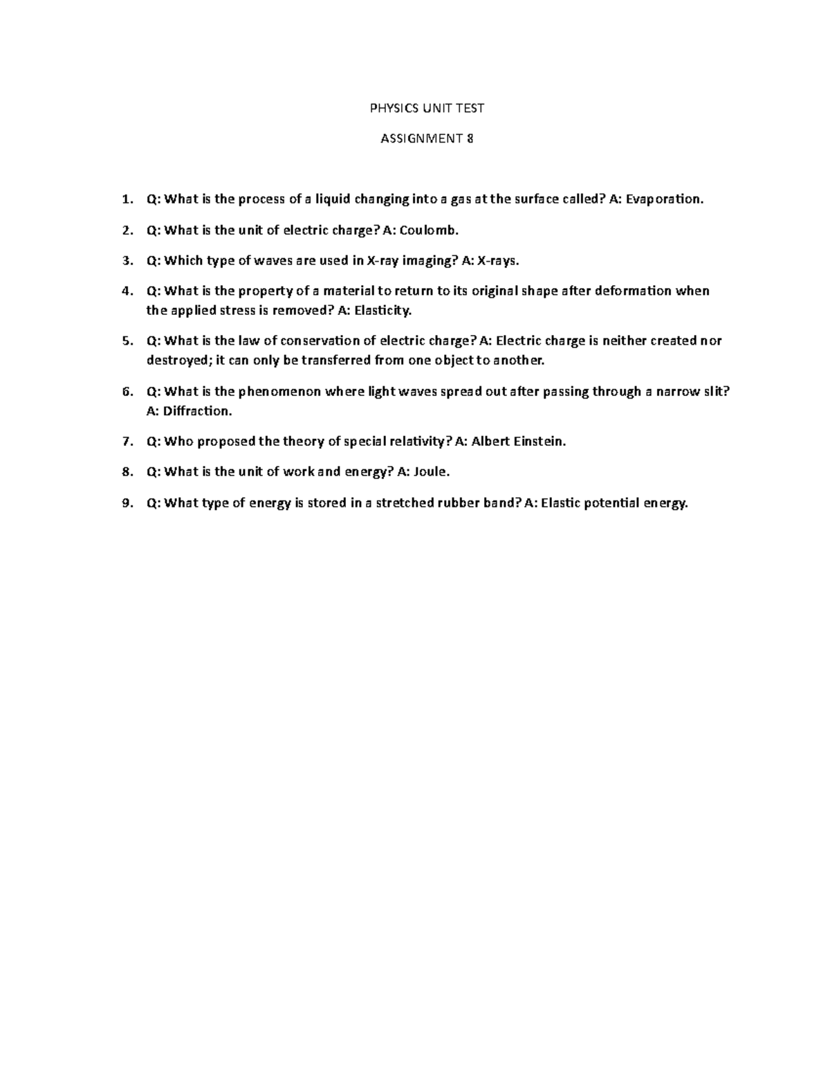 Physics UNIT TEST 8 - unit test - PHYSICS UNIT TEST ASSIGNMENT 8 Q ...