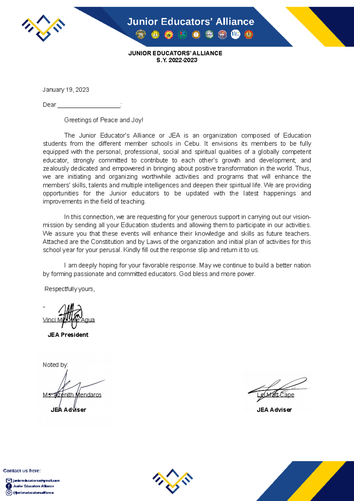 JEA Invitation Letter PAP - JUNIOR EDUCATORS’ ALLIANCE S. 2022- January ...