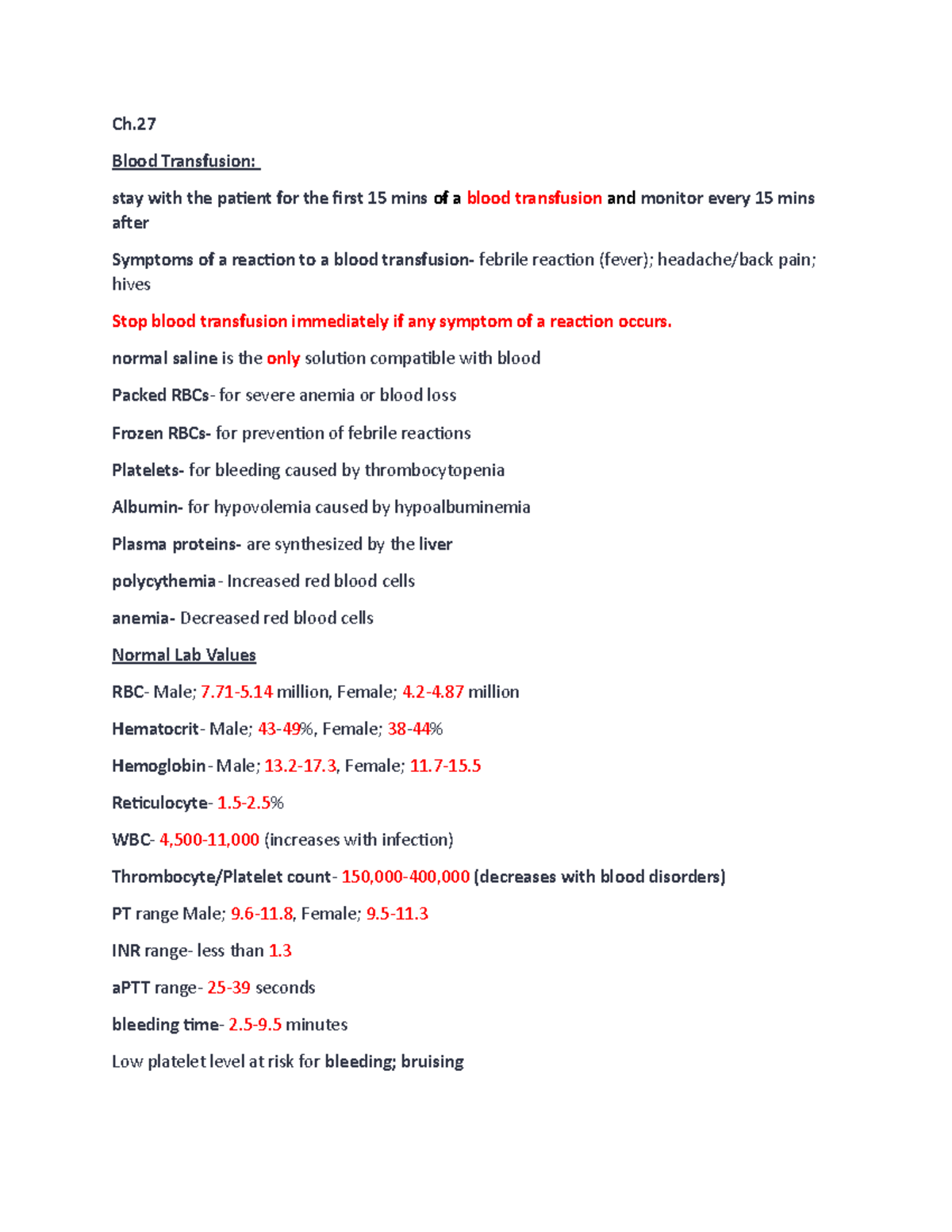 Ms study guide - Wenh - Ch. Blood Transfusion: stay with the patient ...