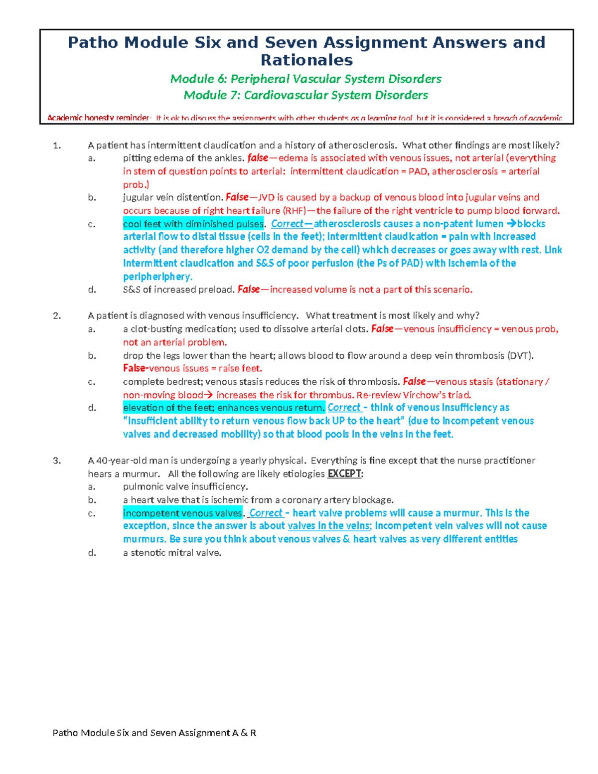 Patho Module Six and Seven Assignment A & R - A patient has intermittent claudication and a ...