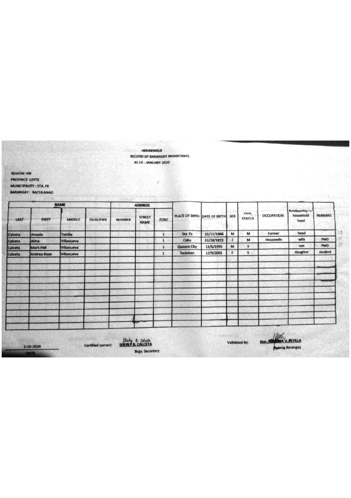 Registry of Barangay Inhabitants 1 - BS Interior Design - Studocu