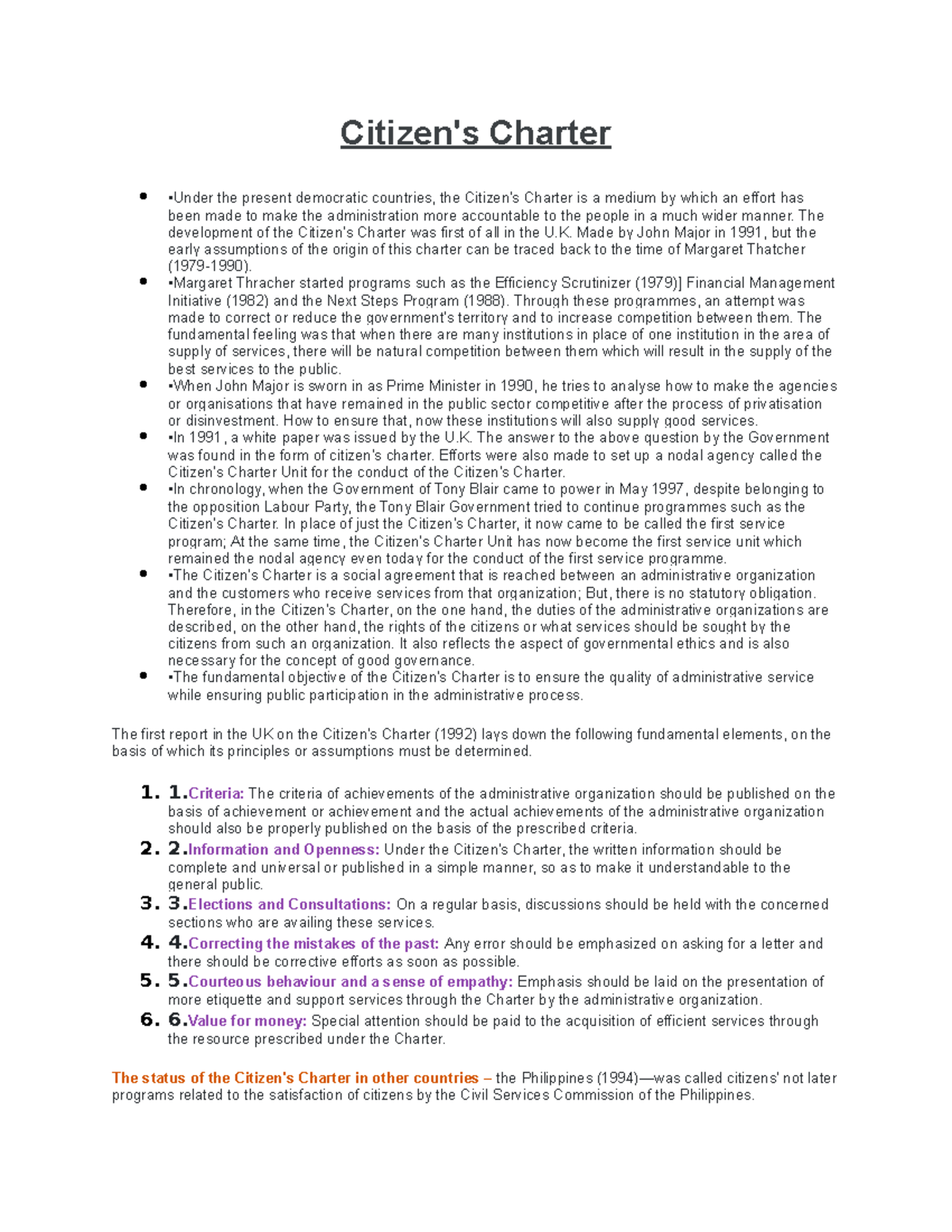 Citizen's Charter - The development of the Citizen's Charter was first ...