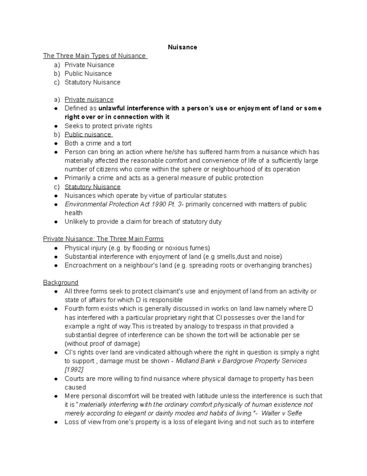 Nuisance Notes - Tort - Nuisance The Three Main Types of Nuisance a ...