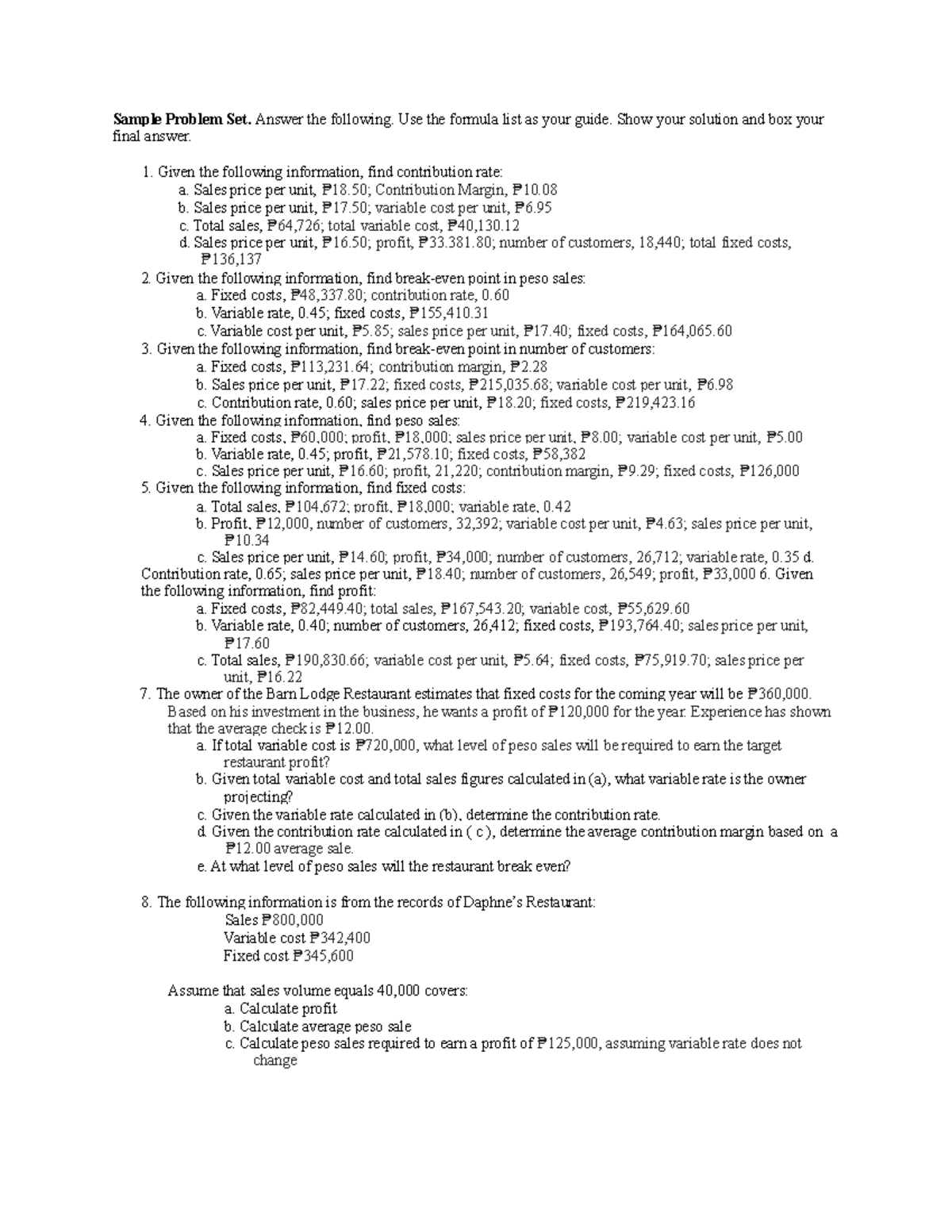 CVP Sample Problem Set - Sample Problem Set. Answer the following. Use ...