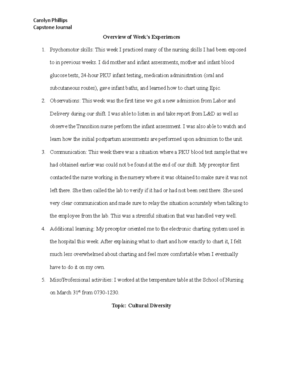 Capstone journal - Carolyn Phillips Capstone Journal Overview of Week’s ...