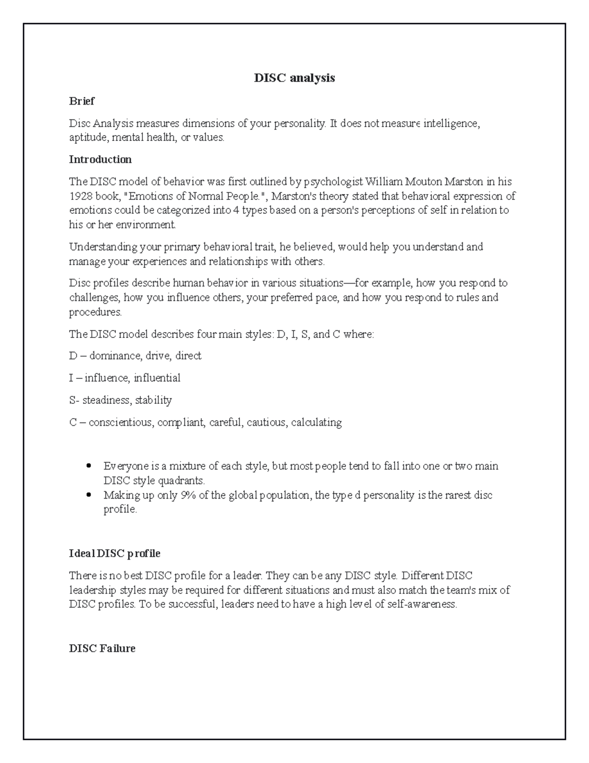 DISC analysis on HR summarizing - DISC analysis Brief Disc Analysis ...