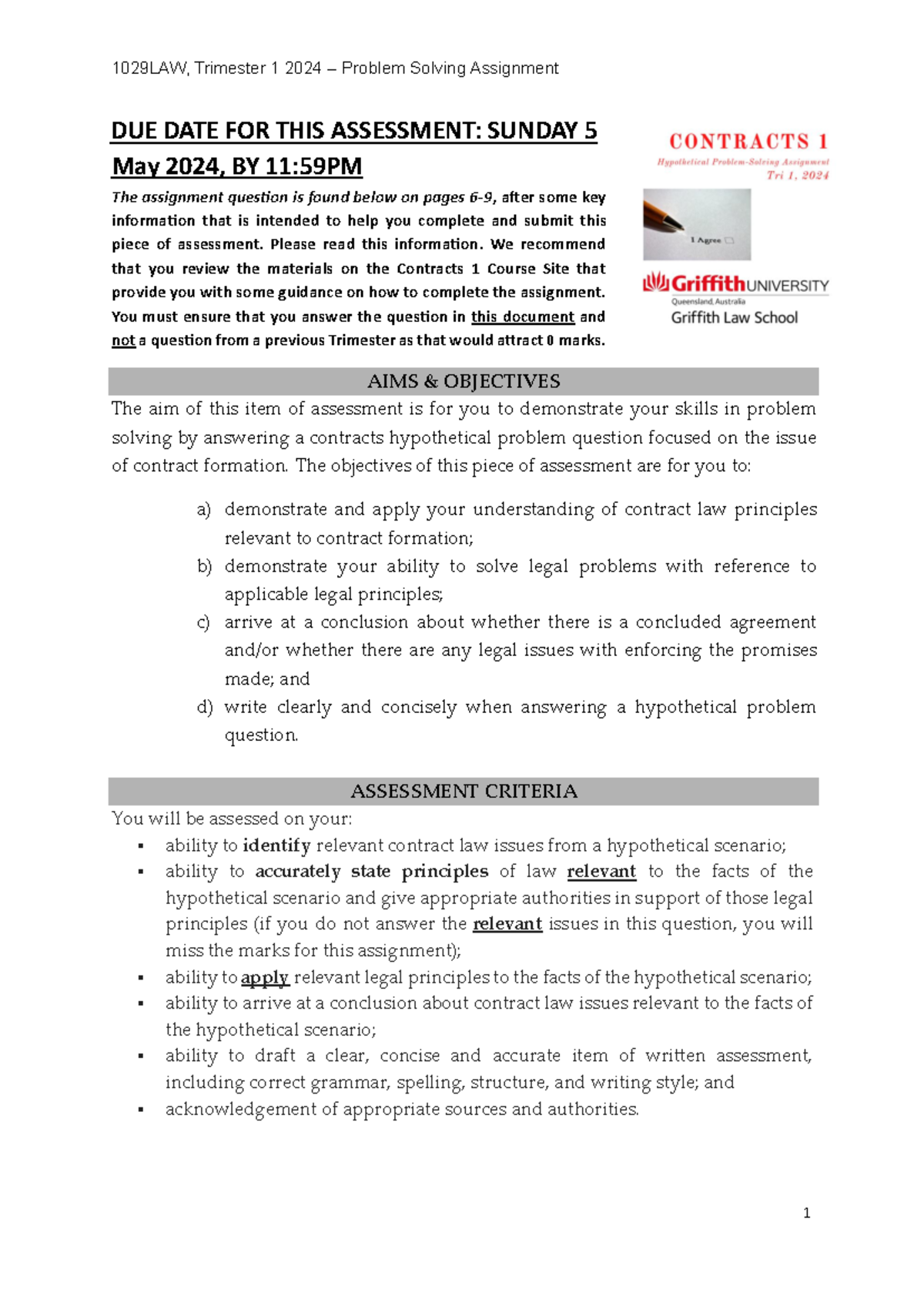 Assignment Guidelines Contracts 1 - LLB Hypothetical Problem Solving Assignment - Tri 1, 2024 ...
