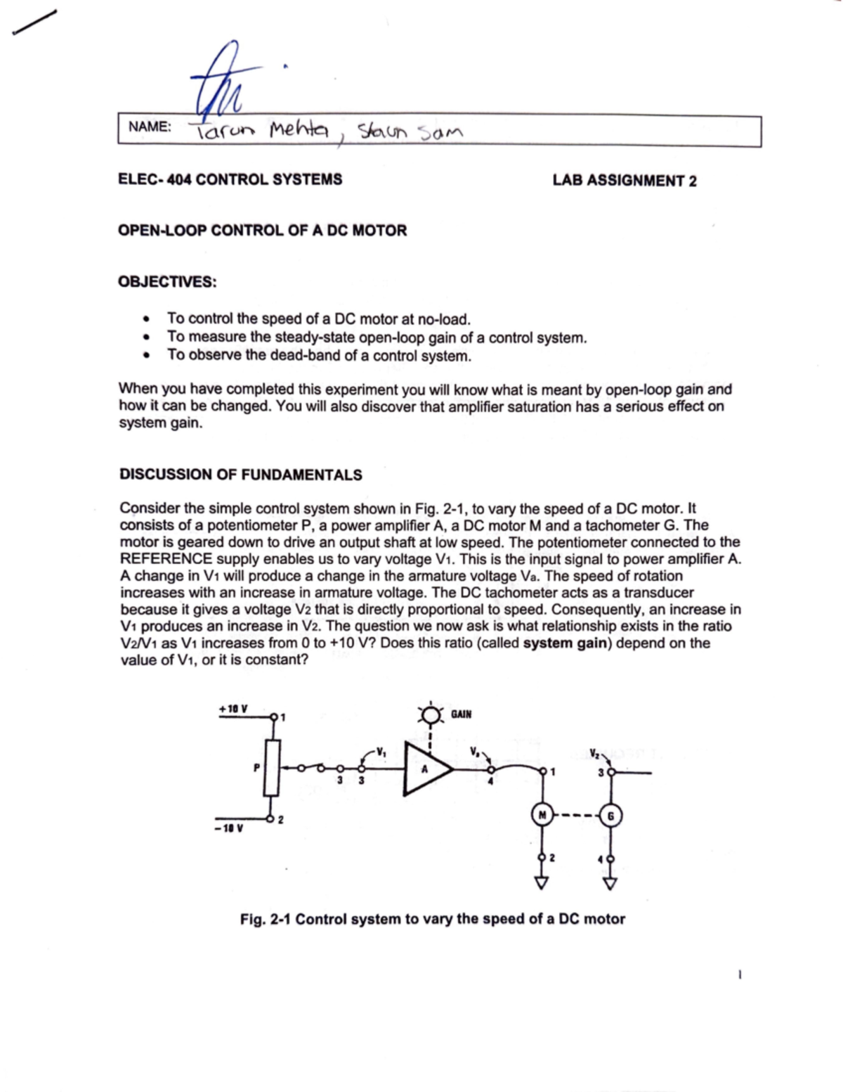 Lab 2 - Practical Lab - NAME: ELEC- 404 CONTROL SYSTEMS LAB ASSIGNMENT 2 OPEN-LOOP CONTROL OF A ...