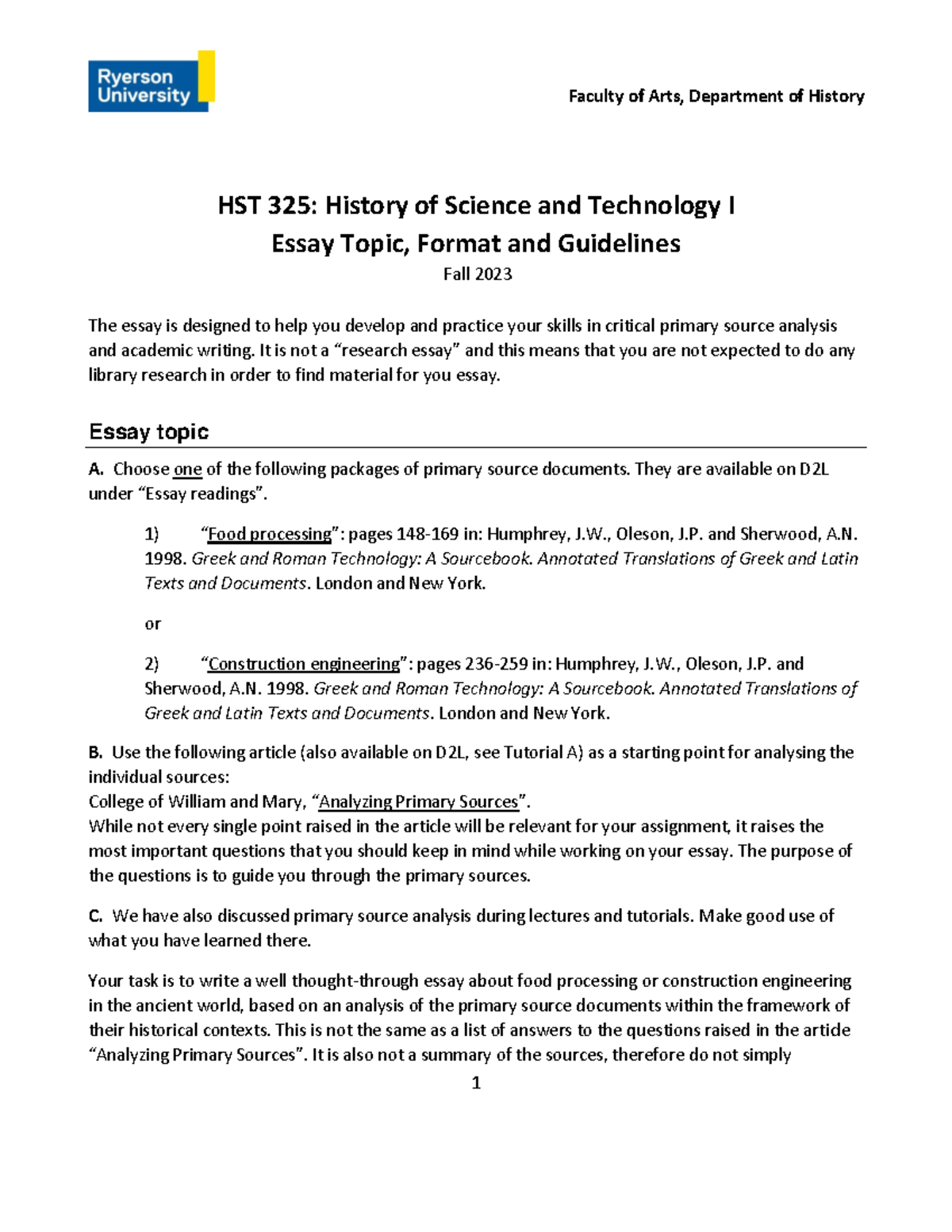 Essay Topic, Format and Guidelines HST 325, fall 2023 - Faculty of Arts ...
