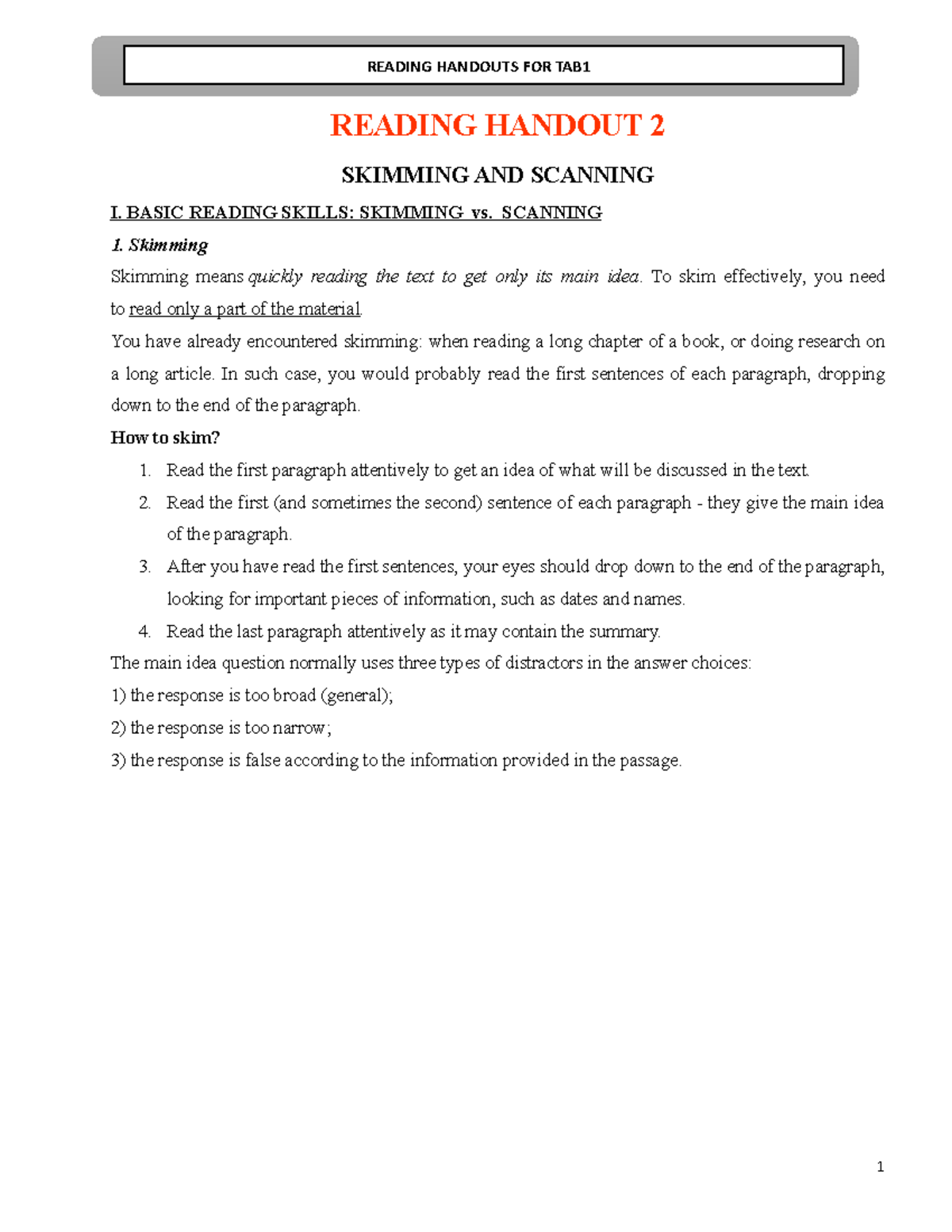 Reading Handout 2. Reading Test 2 - READING HANDOUT 2 SKIMMING AND ...