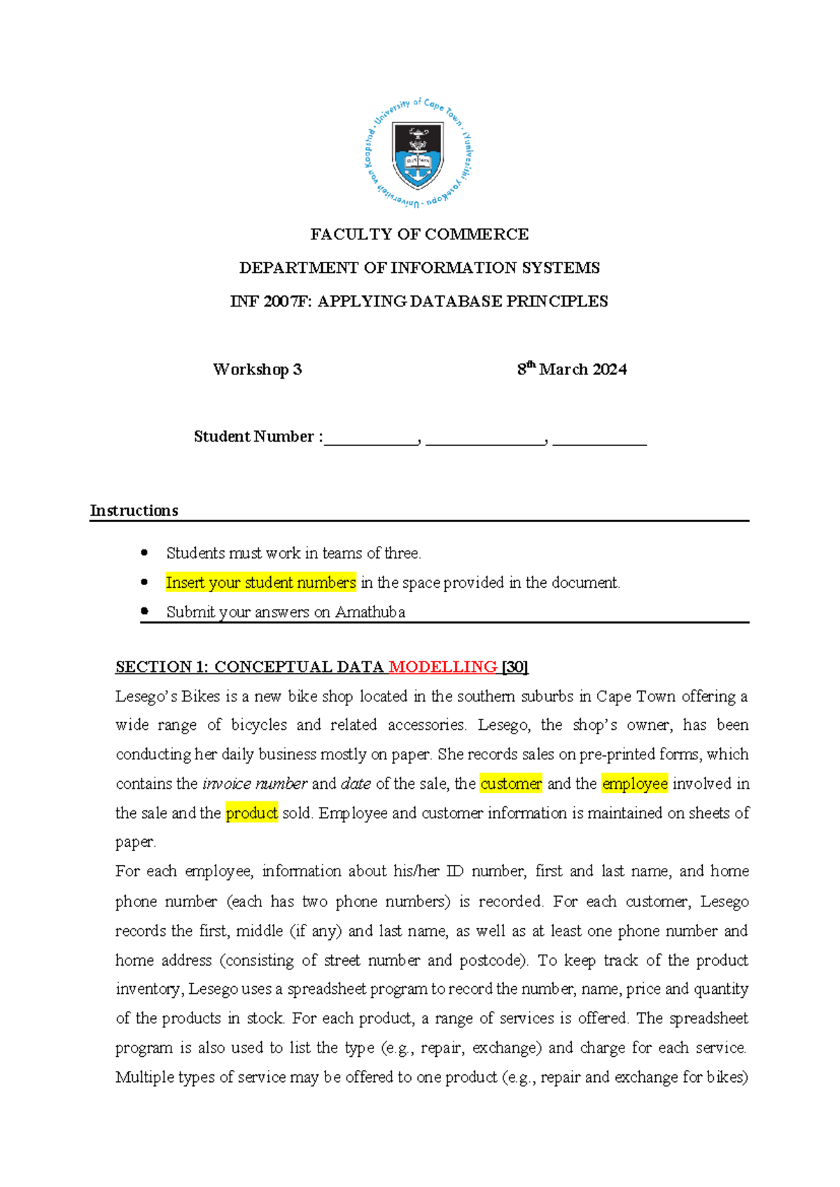 INF2007 F Workshop 3 2024 Memo - FACULTY OF COMMERCE DEPARTMENT OF ...